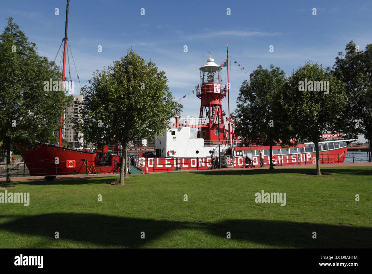 Cardiff Bay quayside Helwick Lightship moored at waterfront in Cardiff ...