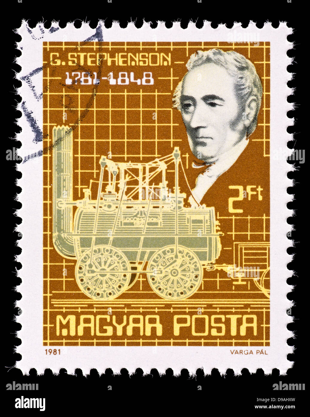 Postage stamp from Hungary depicting George Stephenson and his railroad ...