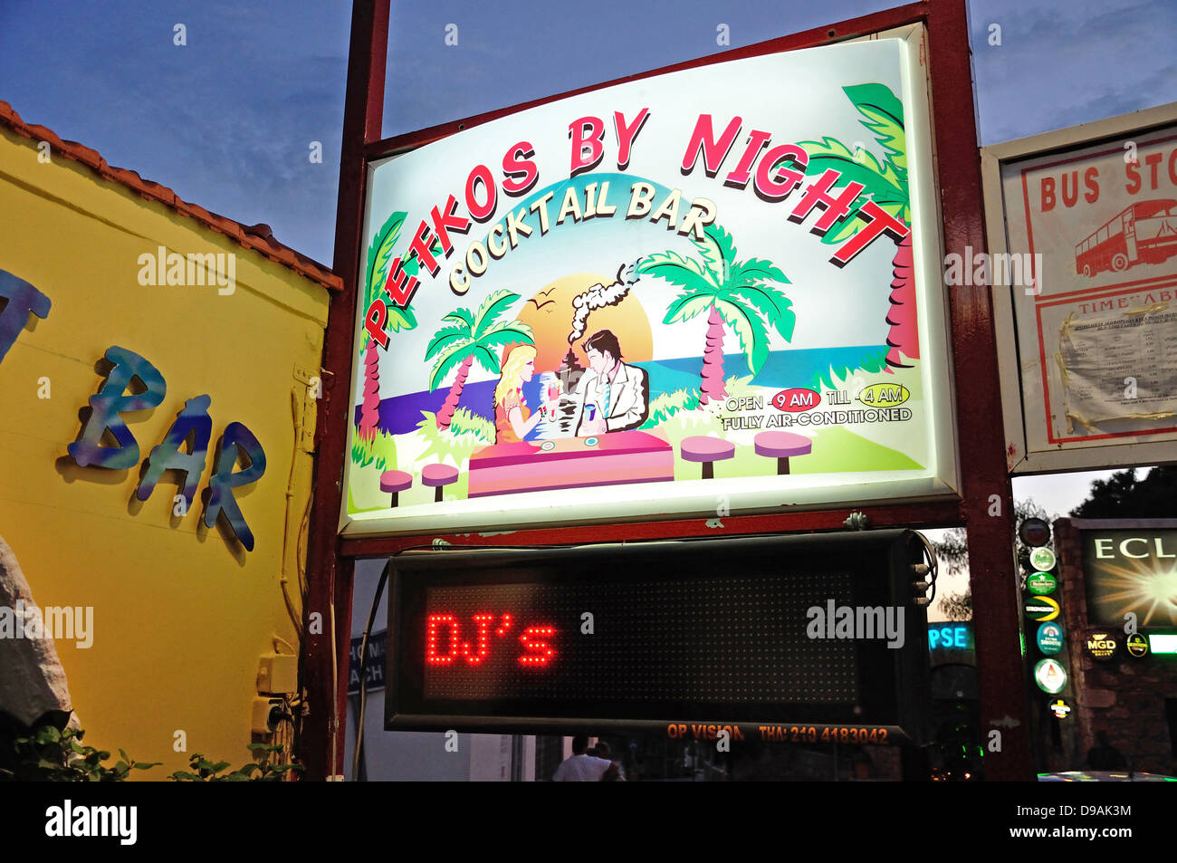'Pefkos by Night' cocktail bar sign at dusk, Pefkos, Rhodes (Rodos ...