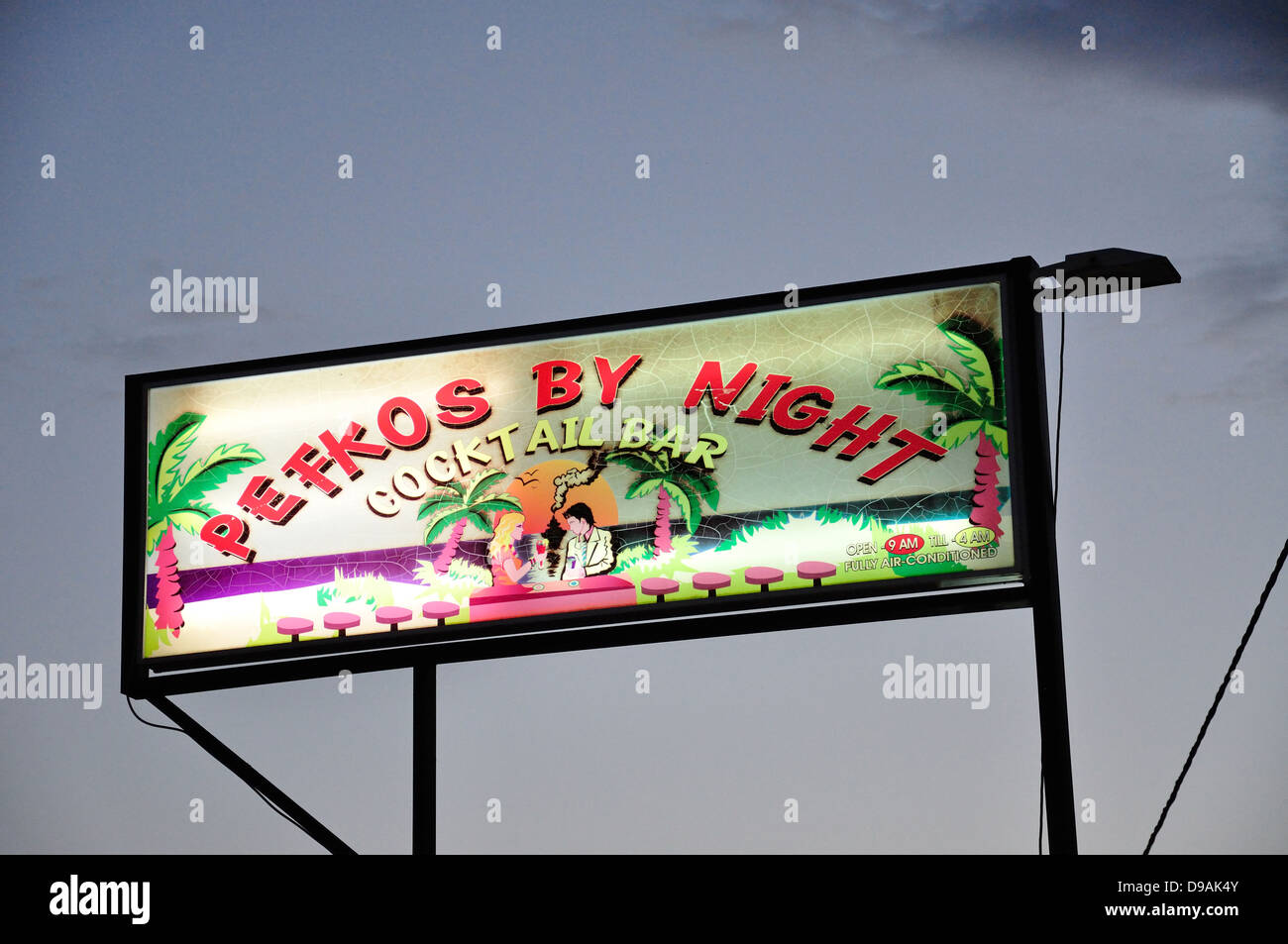 'Pefkos by Night' cocktail bar sign at dusk, Pefkos, Rhodes (Rodos ...