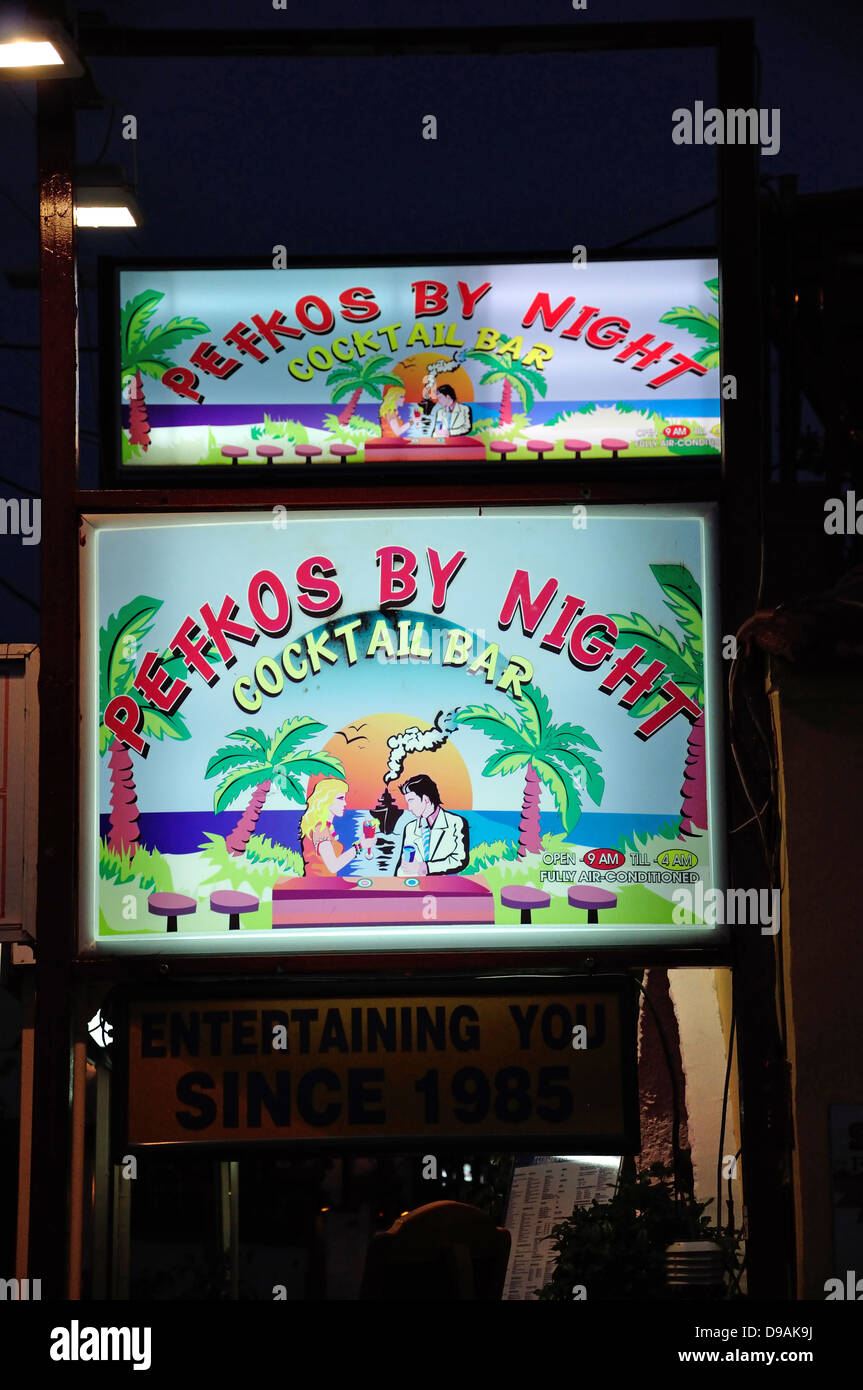 'Pefkos by Night' cocktail bar sign at dusk, Pefkos, Rhodes (Rodos ...