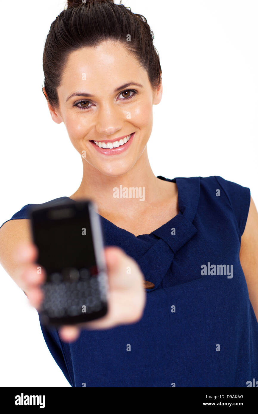 gorgeous young woman holding smart phone towards camera Stock Photo - Alamy