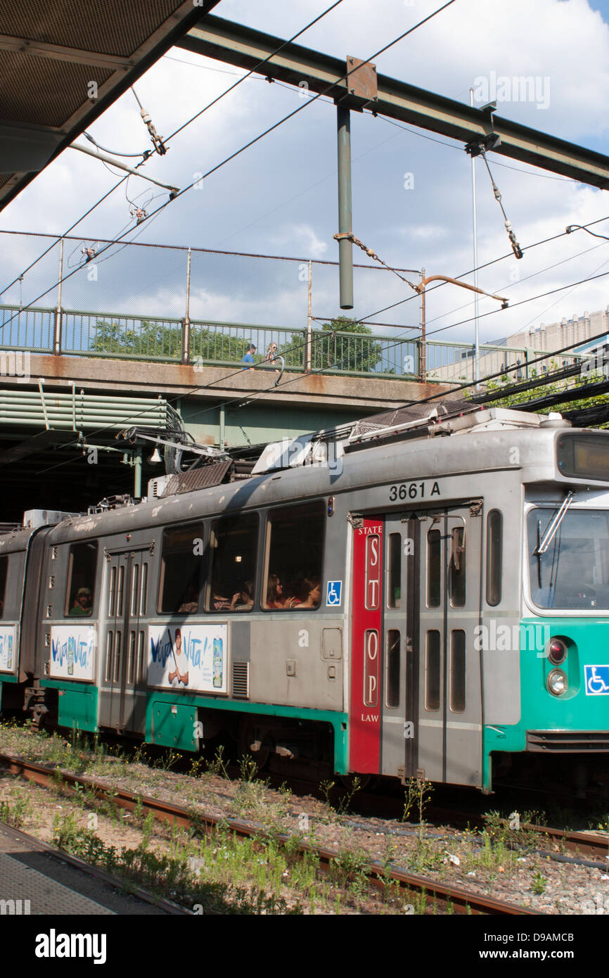 An inbound train at the Fenway train stop on the Green line trolley ...