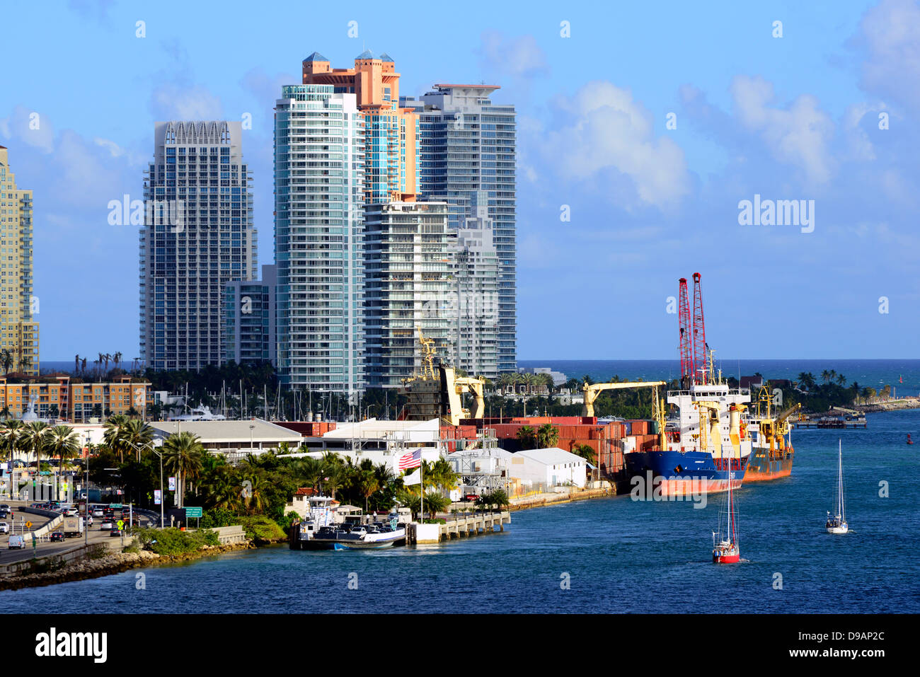Miami Skyline and Shipping Port from departing cruise ship Florida FL ...