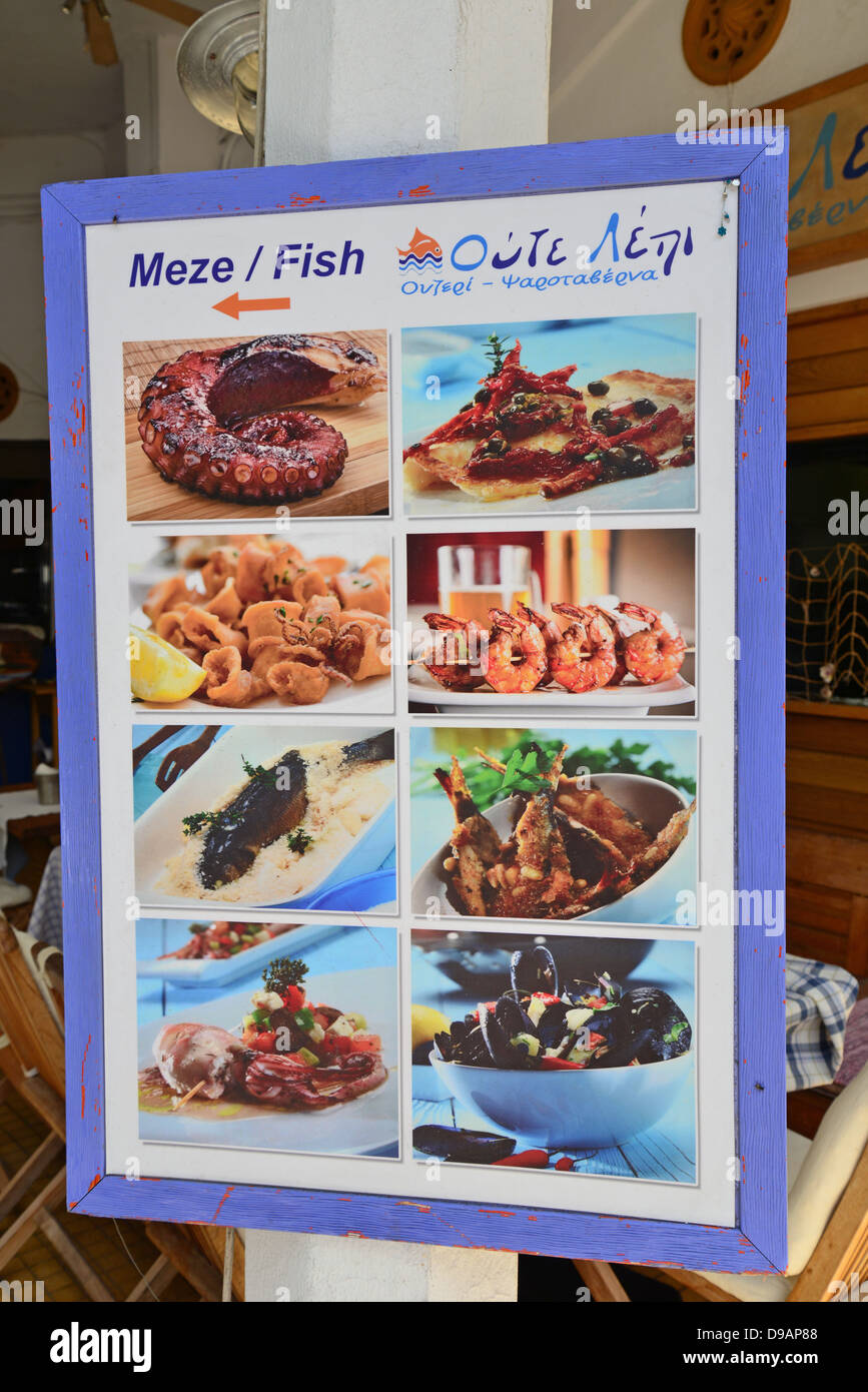 Taverna menu in Old Market (Nea Agora), Mandraki Harbour, Old Town ...