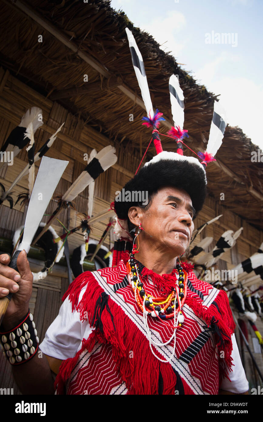 Naga tribal warrior in traditional outfit, Hornbill Festival, Kohima ...