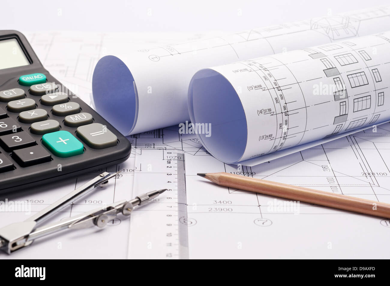 Construction plan blueprints with drafting tools Stock Photo - Alamy