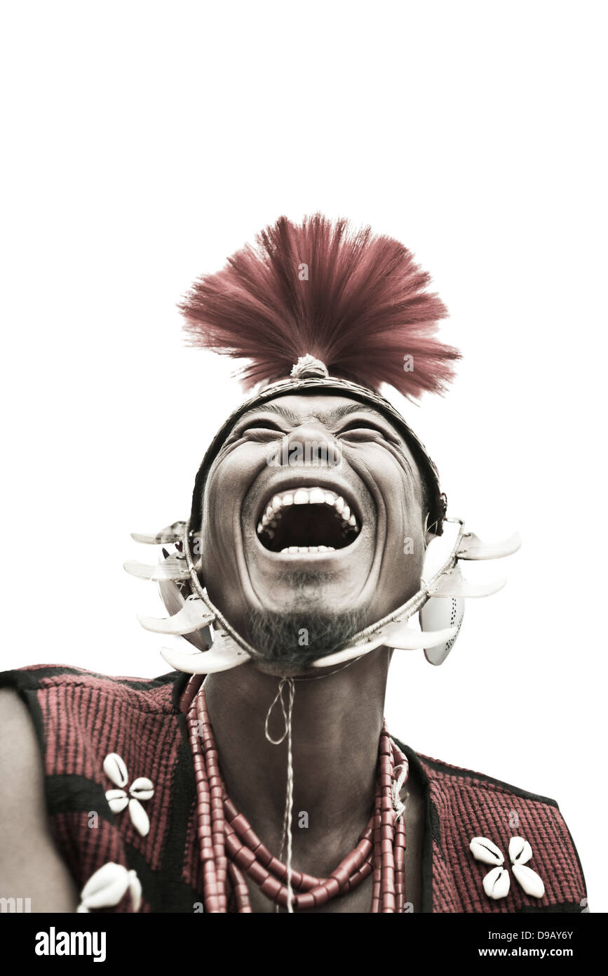 Naga tribal man laughing in traditional outfit, Hornbill Festival ...