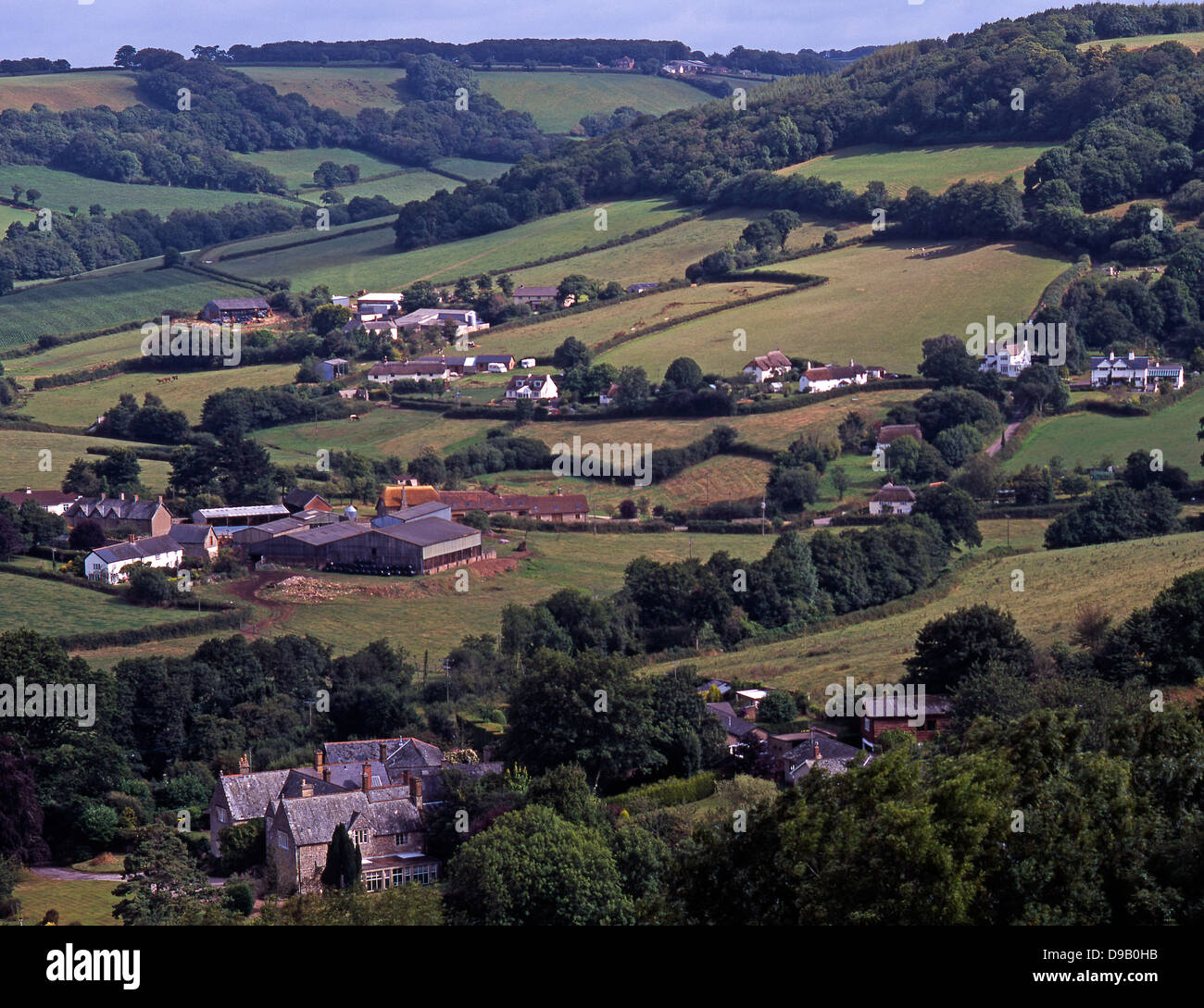 A picturesque rural view of village properties and countryside in ...