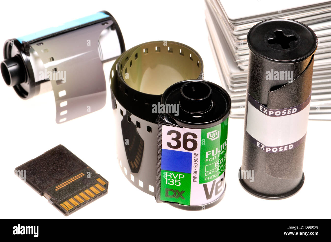 Photographic film, mounted slides and a modern memory card Stock Photo ...