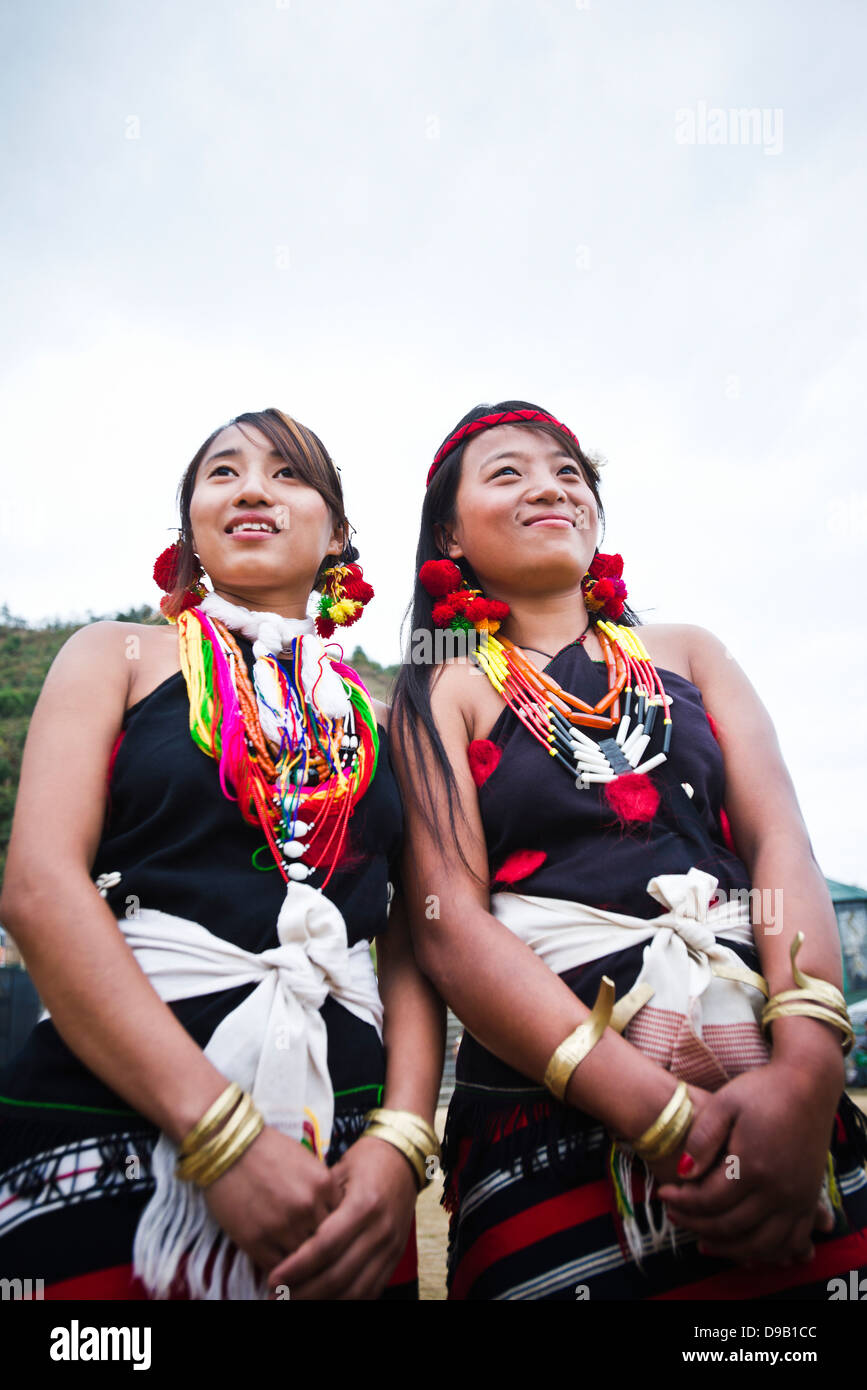 Two Naga tribal women smiling, Hornbill Festival, Kohima, Nagaland ...