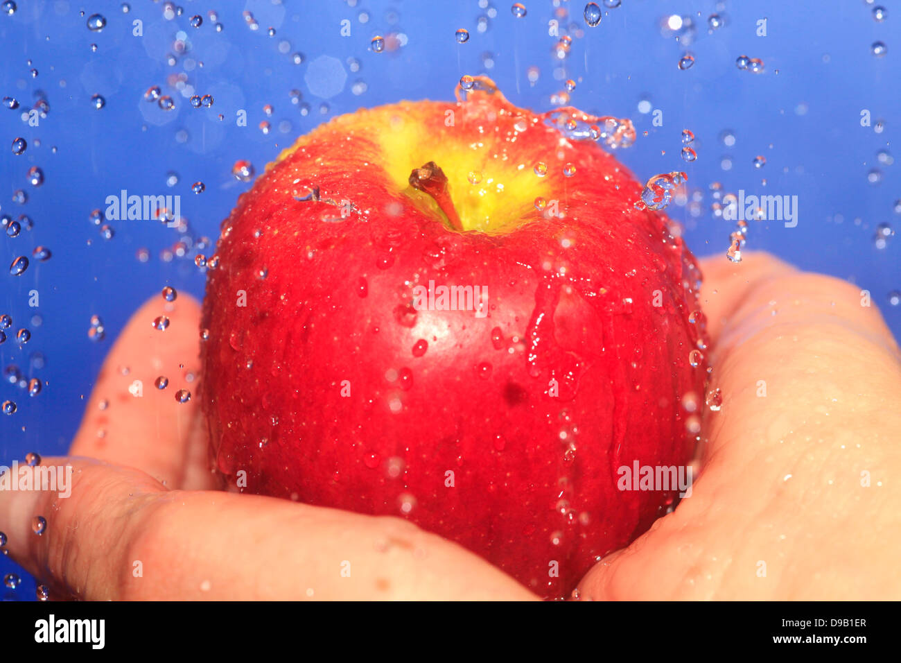 Human hand holding apple with waterdrops hi-res stock photography and ...