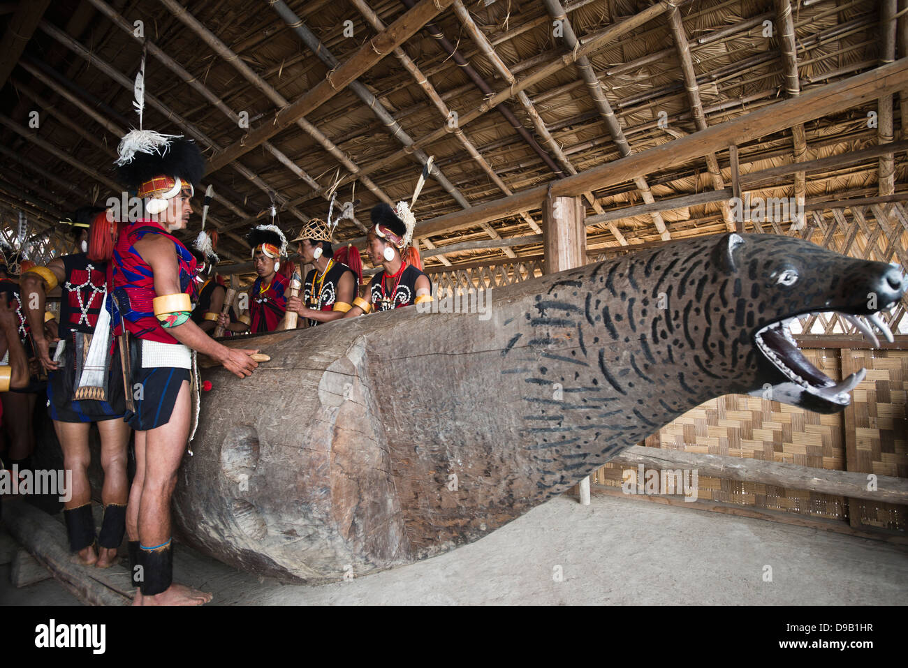 Naga tribal men in traditional outfit playing log drum, Hornbill ...