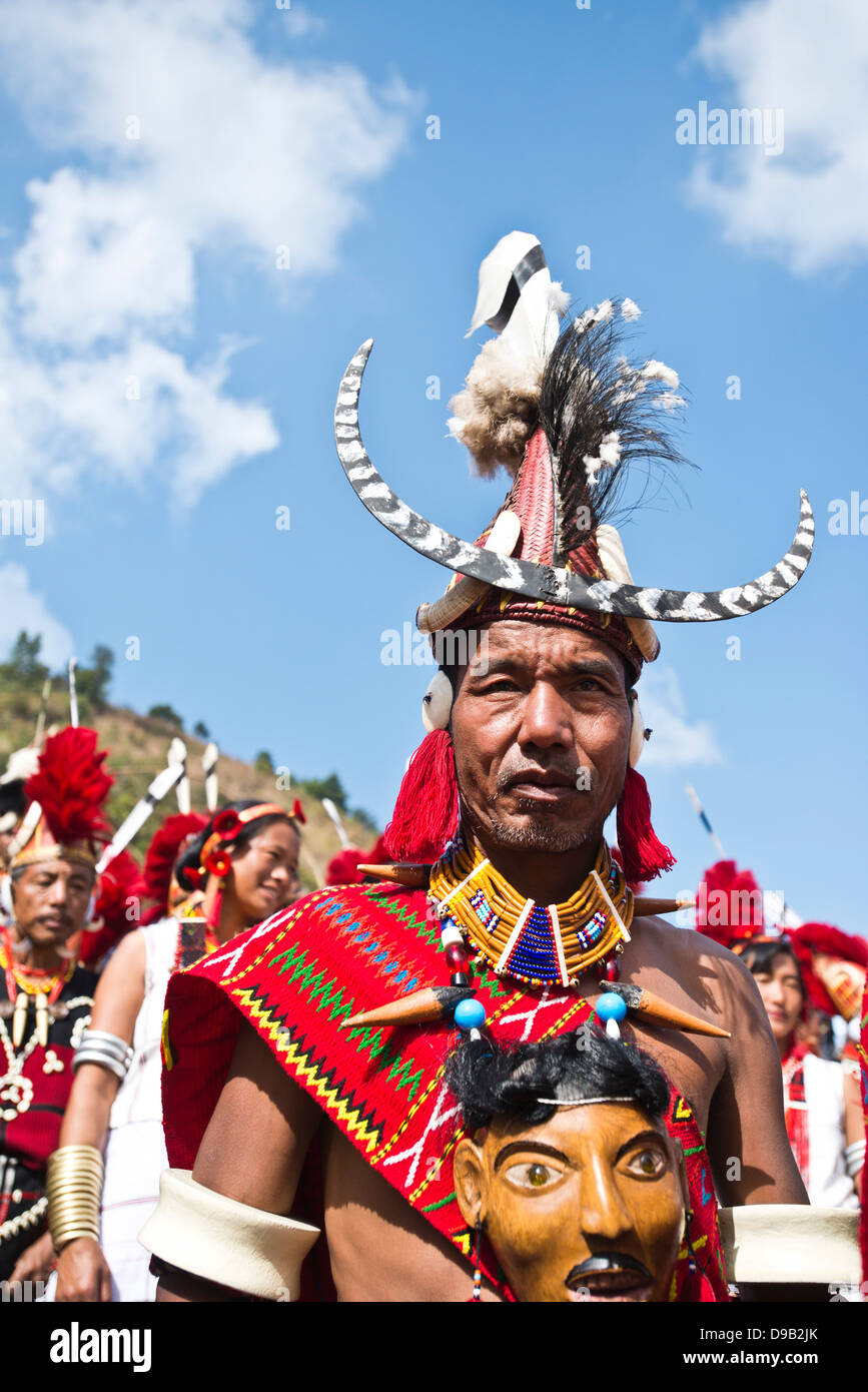 Naga tribesman in traditional outfit during the annual Hornbill ...
