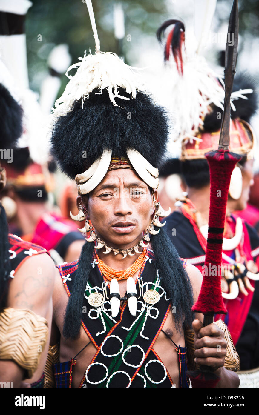 Naga tribesman in traditional outfit during the annual Hornbill ...