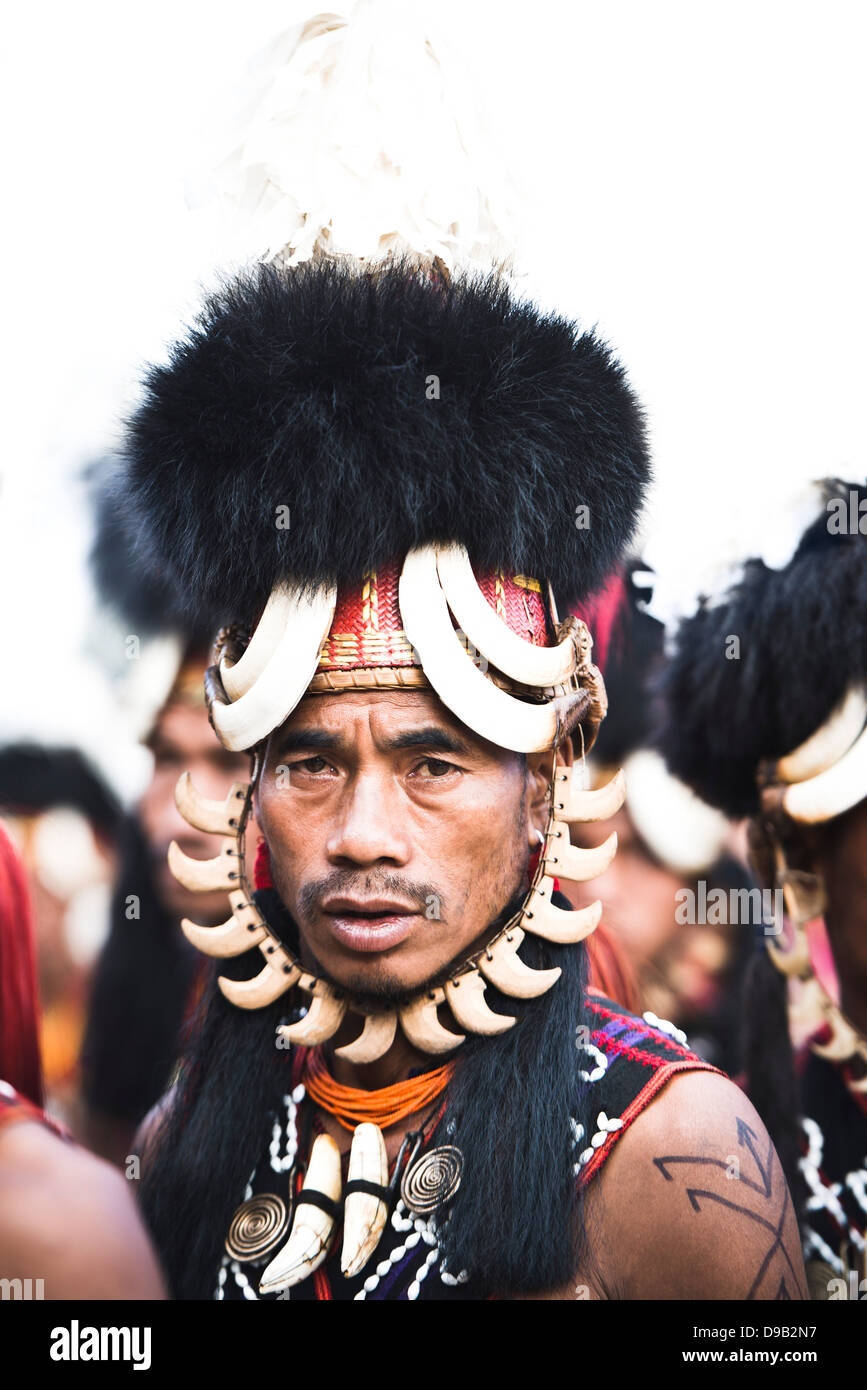 Naga tribesman in traditional outfit during the annual Hornbill ...