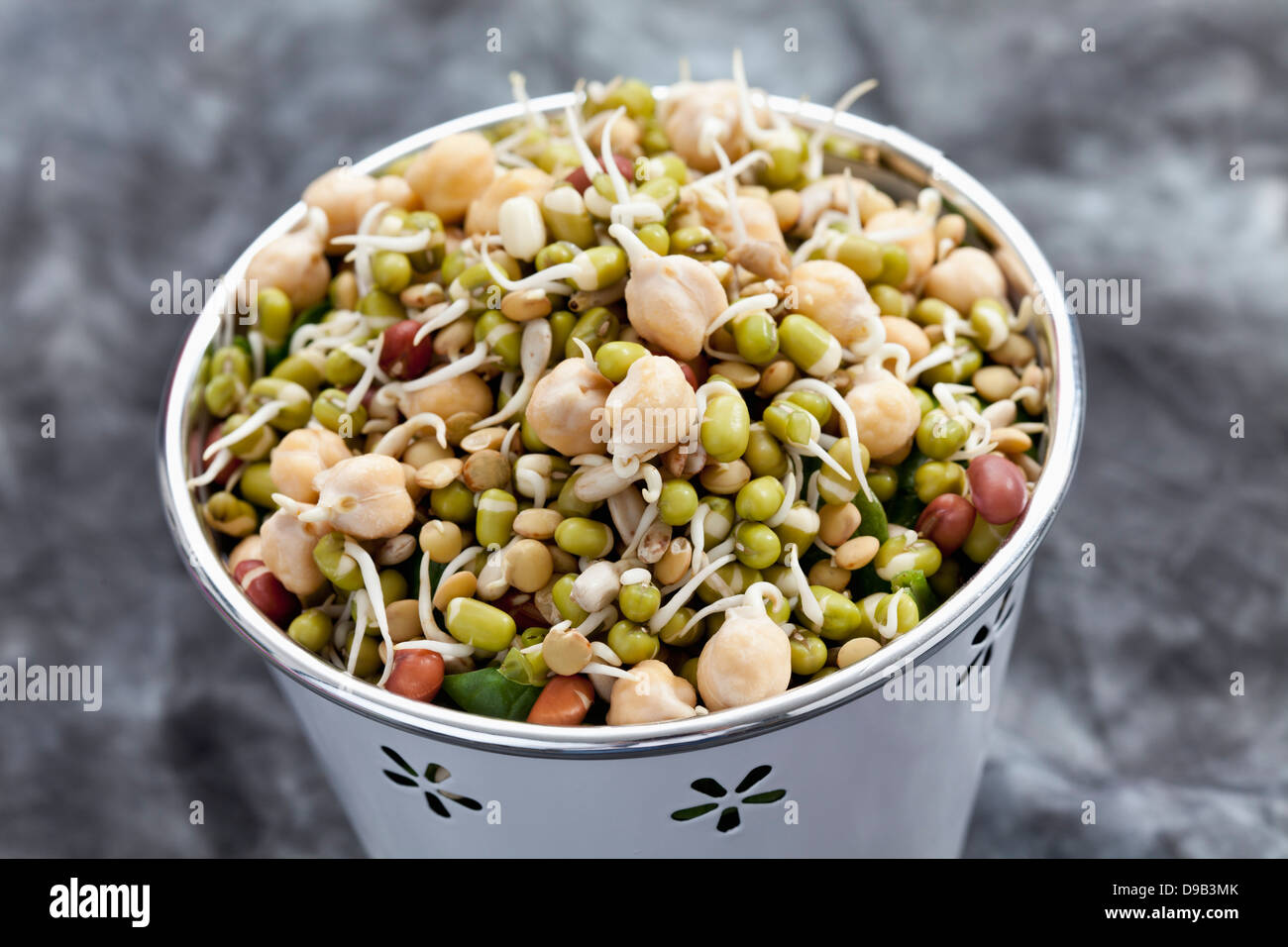 Mixed vegetable sprouts in container on grey background, close up Stock ...