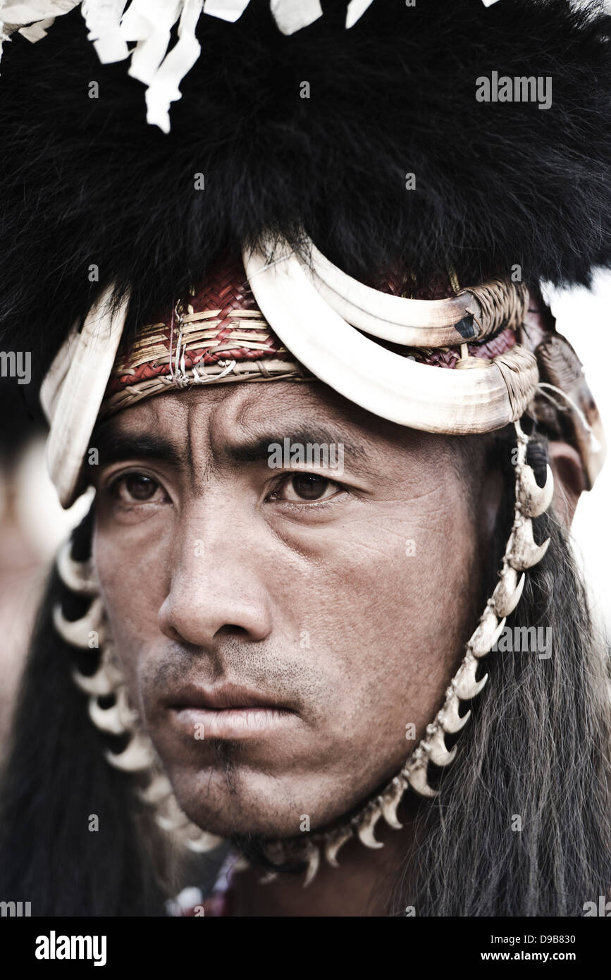 Naga tribesman in traditional outfit during the annual Hornbill ...
