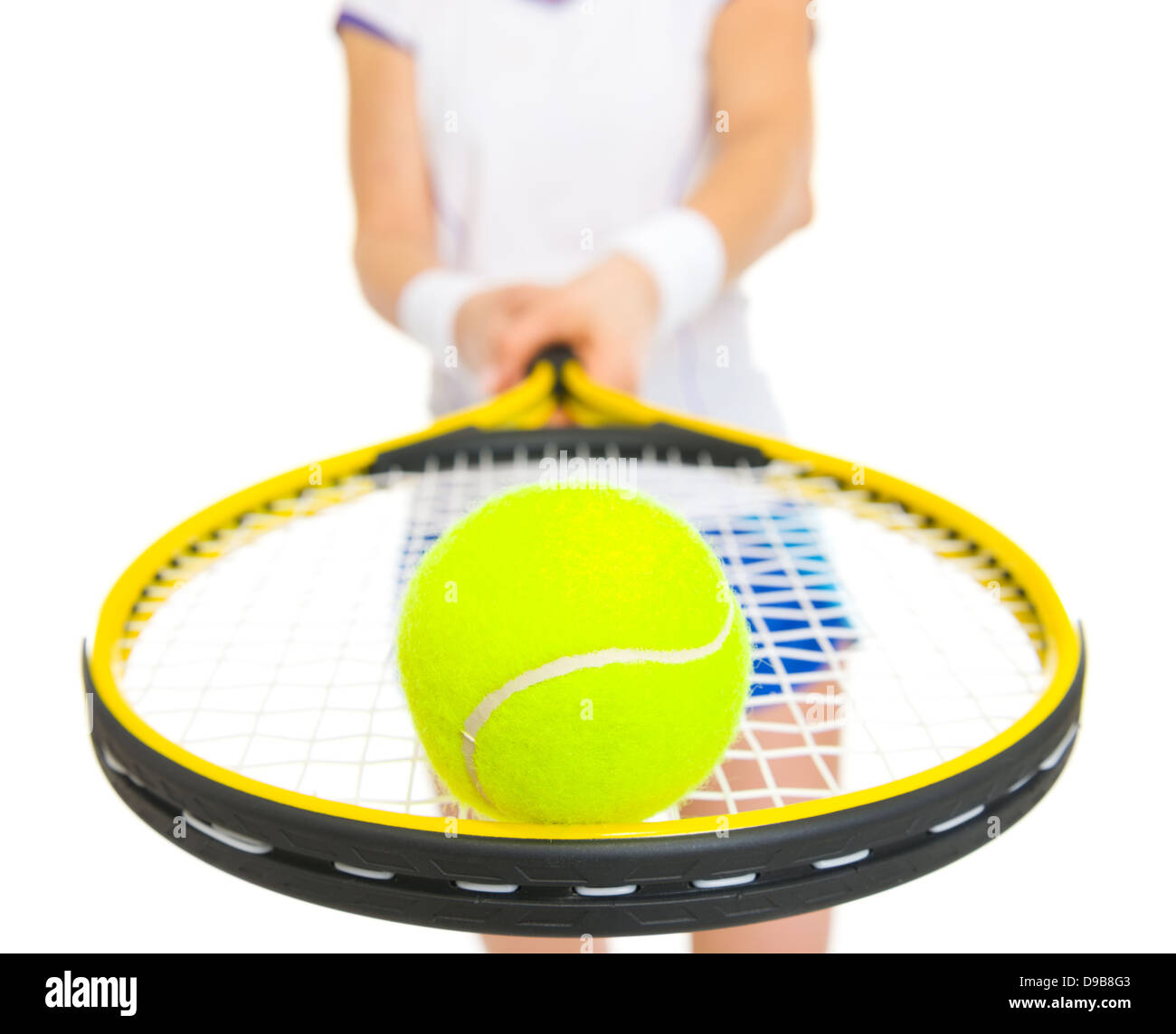 Closeup on tennis ball on racket in hand of female tennis player Stock ...