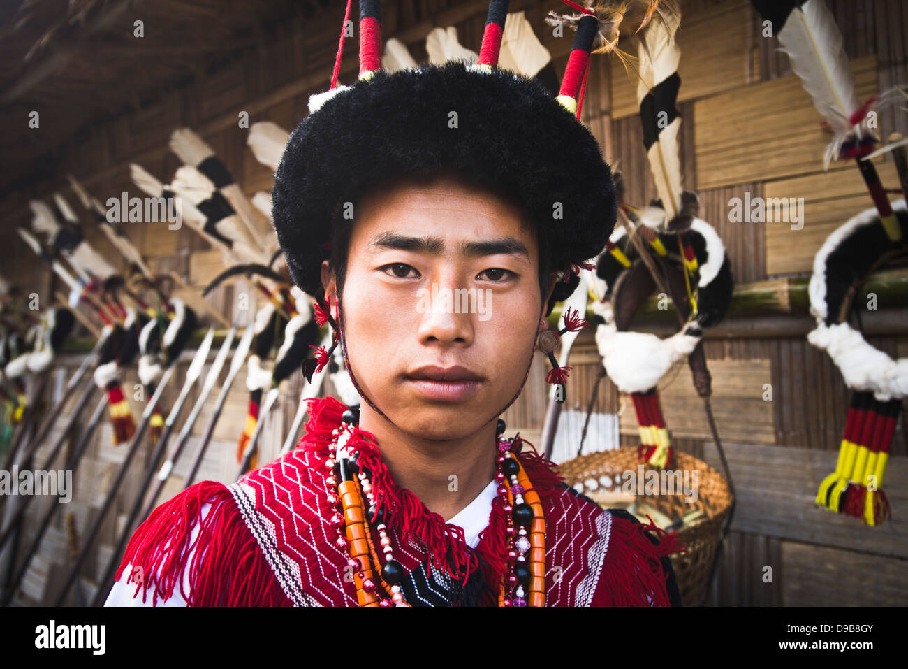 Portrait of Naga tribesman in traditional outfit during the annual ...