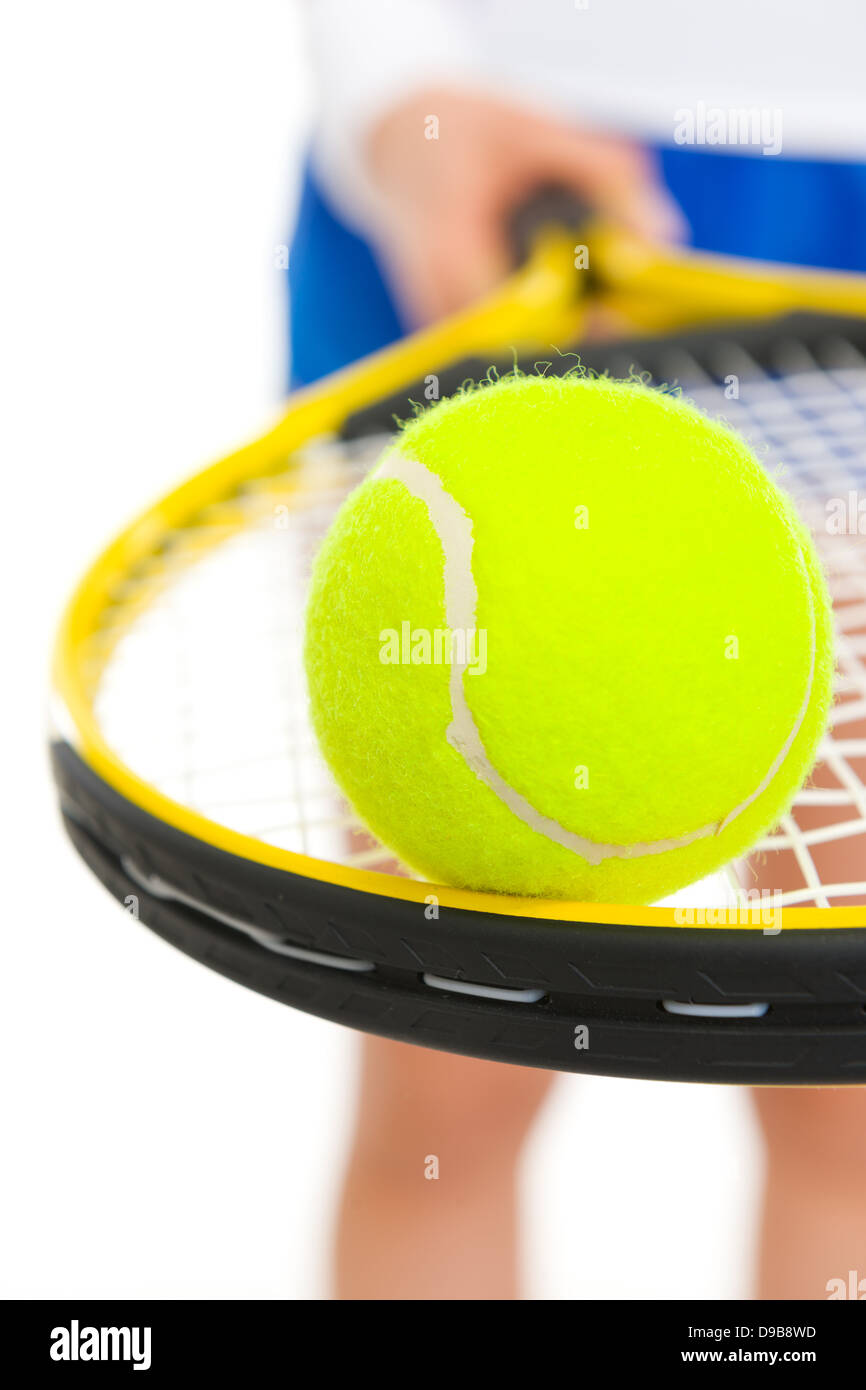 Closeup on tennis ball on racket in hand of tennis player Stock Photo ...