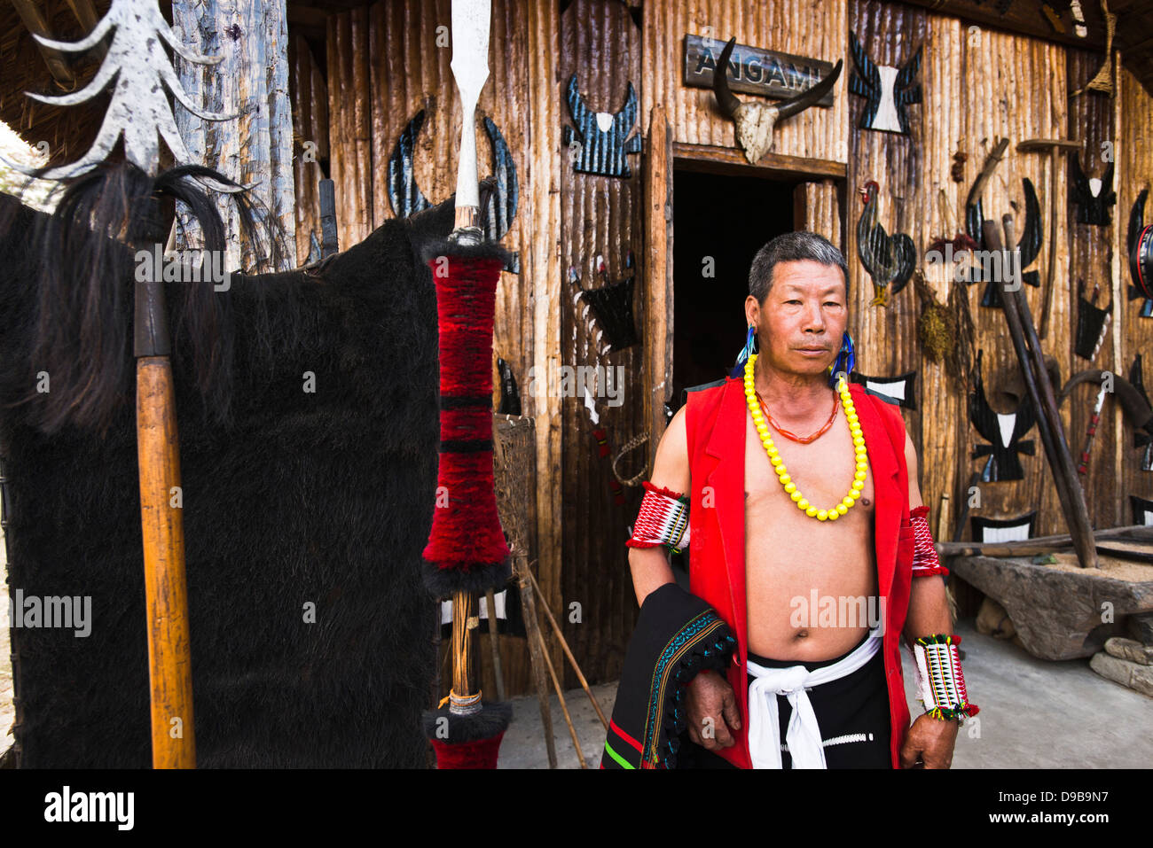 Naga tribesman in traditional outfit during the annual Hornbill ...