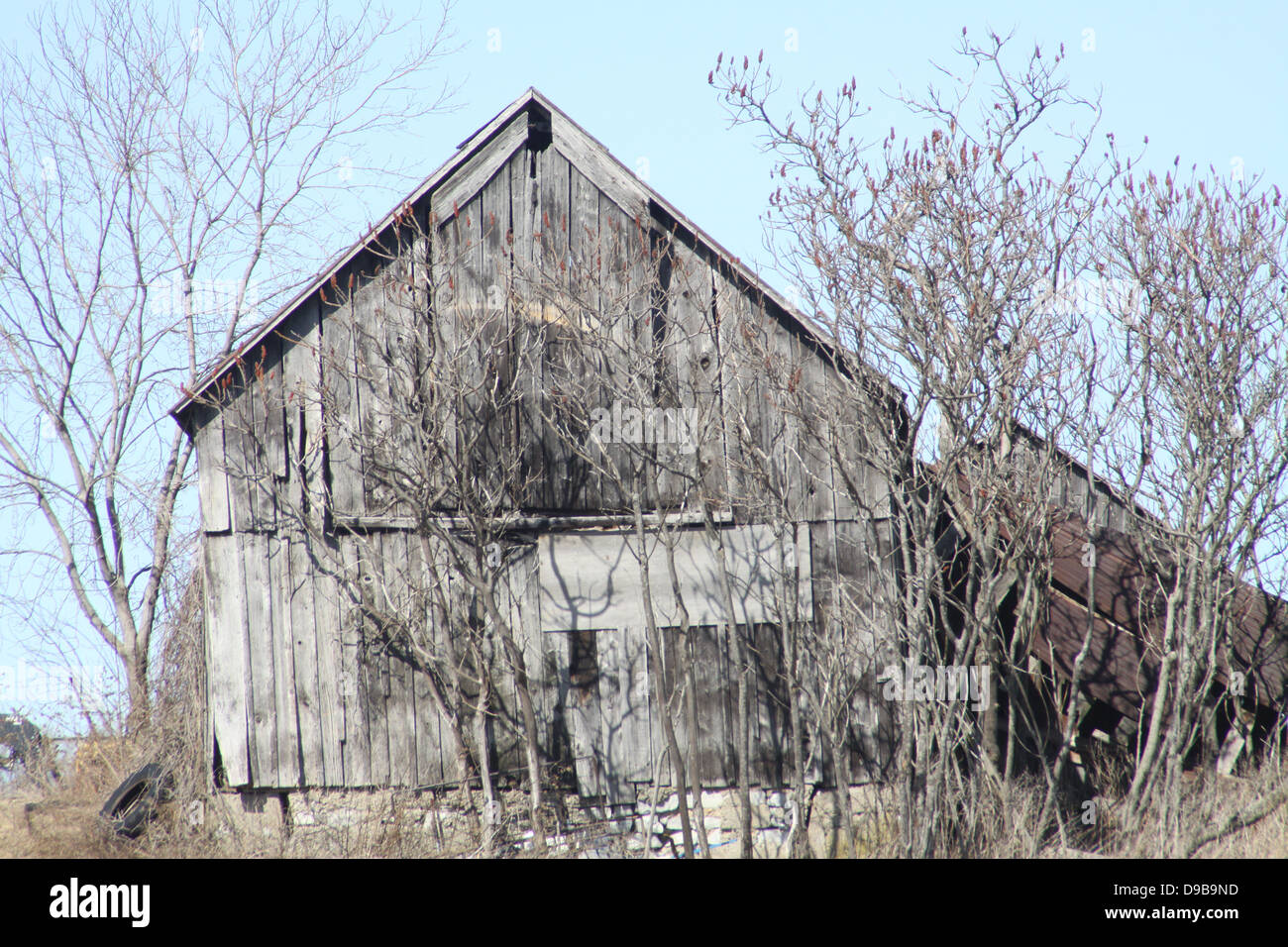 Old, abandoned, dilapidated, farm building on a slight hill in a field ...