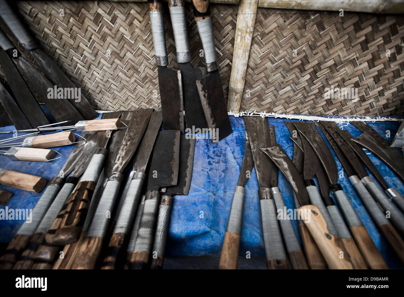 Collection of traditional Naga tribal weapons, Kisama, Kohima, Nagaland ...