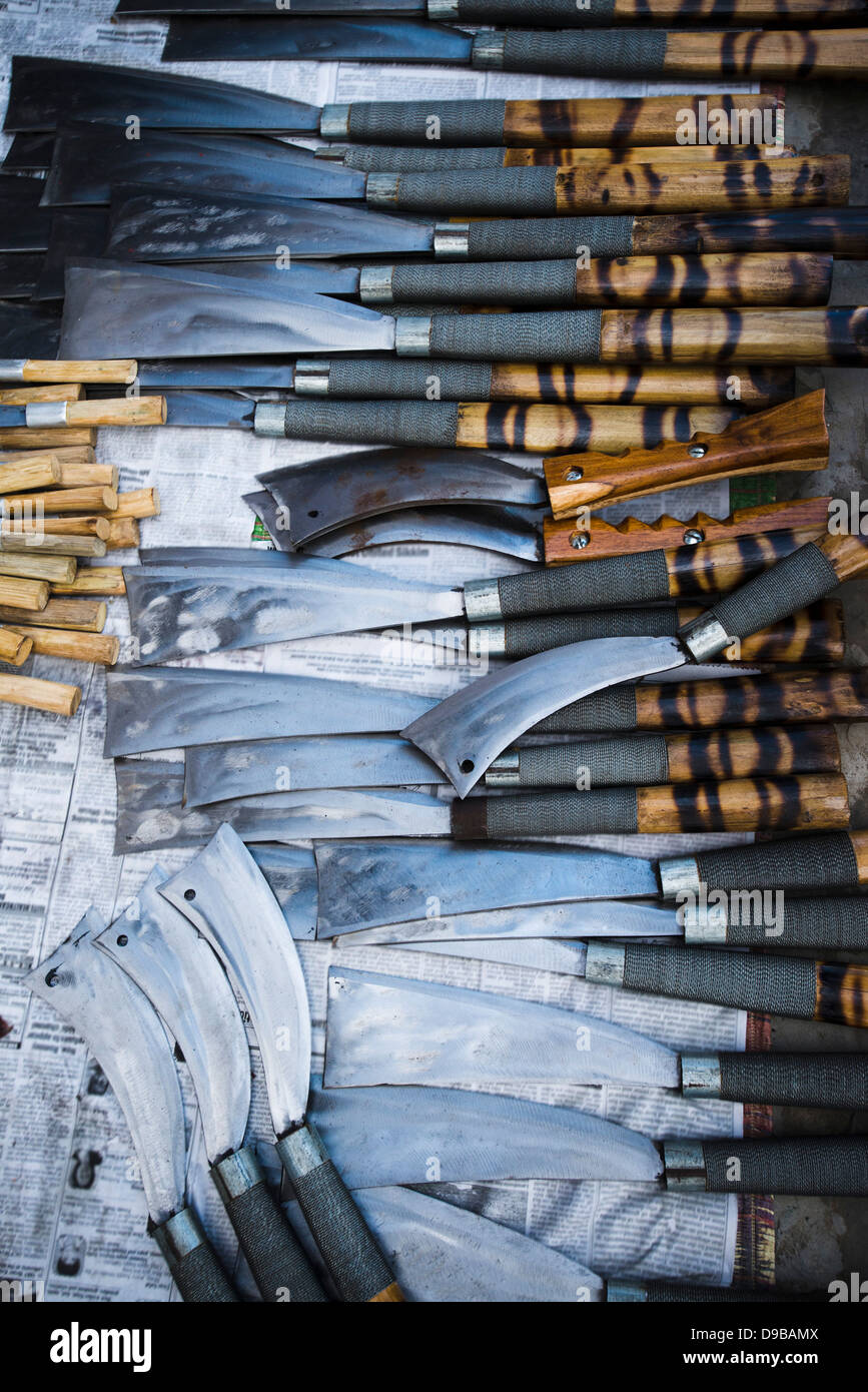 Collection of traditional Naga tribal weapons, Kisama, Kohima, Nagaland ...