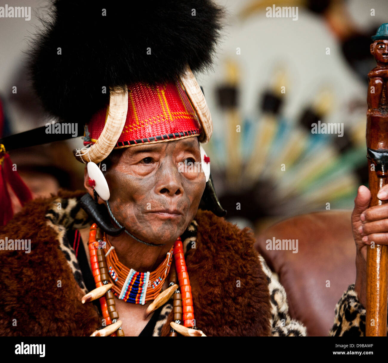 Elderly Naga tribesman in traditional outfit during the annual Hornbill ...