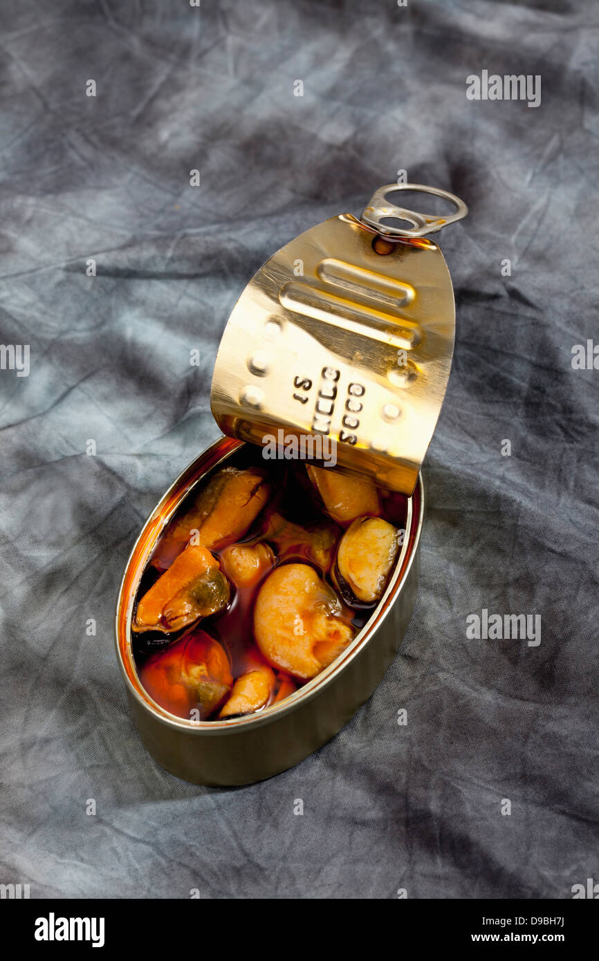 Can of mussels in oil on textile Stock Photo - Alamy