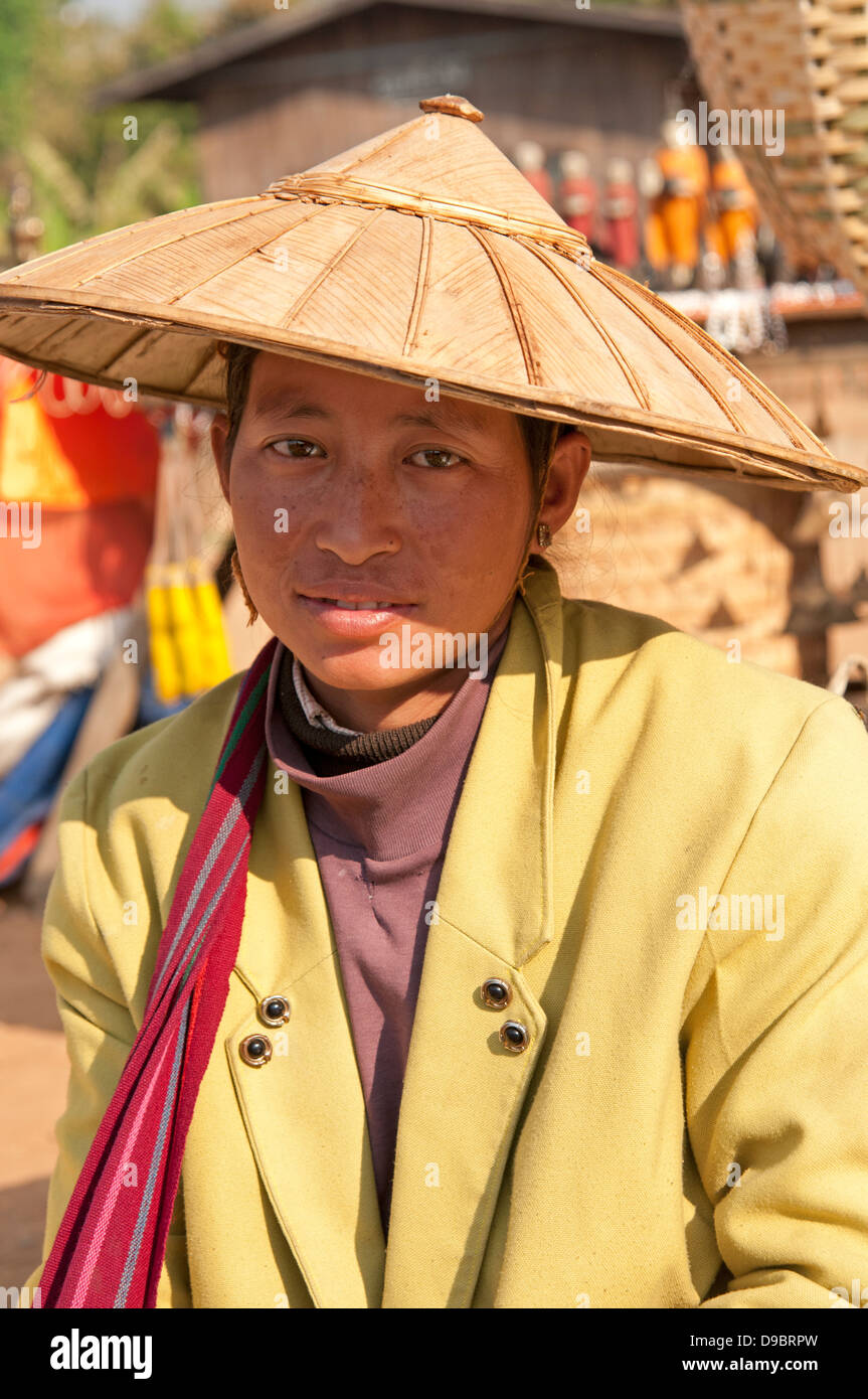 Fashionable Burmese woman wearing stylish jacket and traditional Shan ...