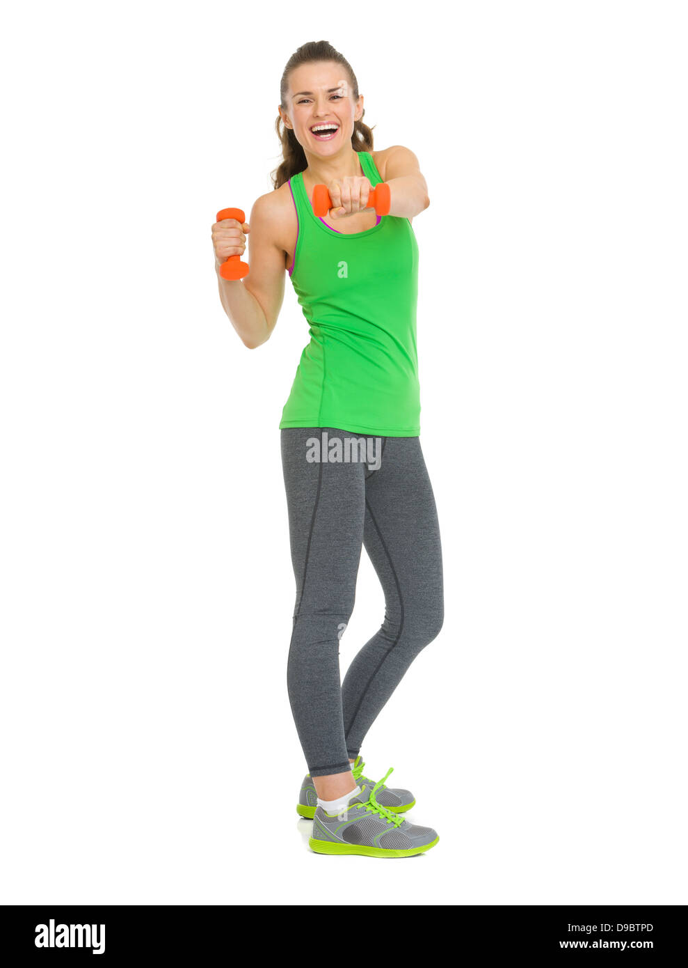 Happy fitness young woman workout with dumbbells Stock Photo - Alamy