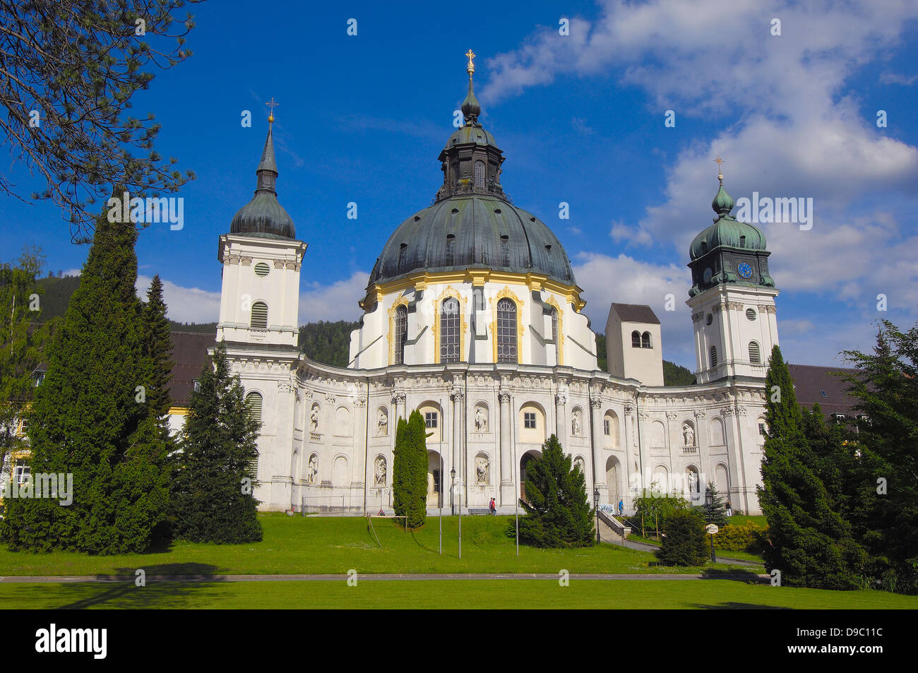 Ettal, Ettal Abbey, Near Oberammergau, monastery church and courtyard ...
