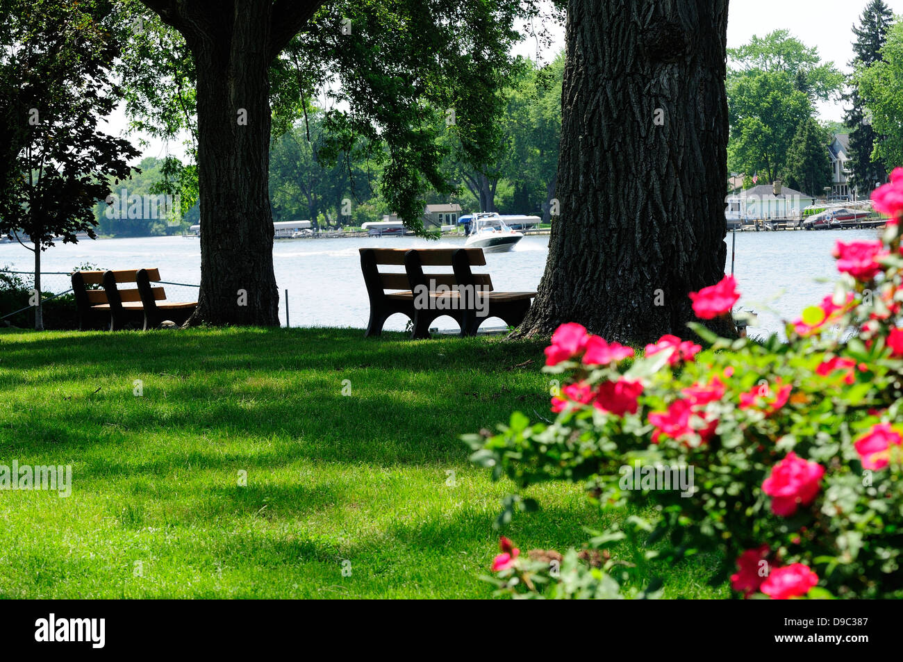Park bench and flowers hi-res stock photography and images - Alamy