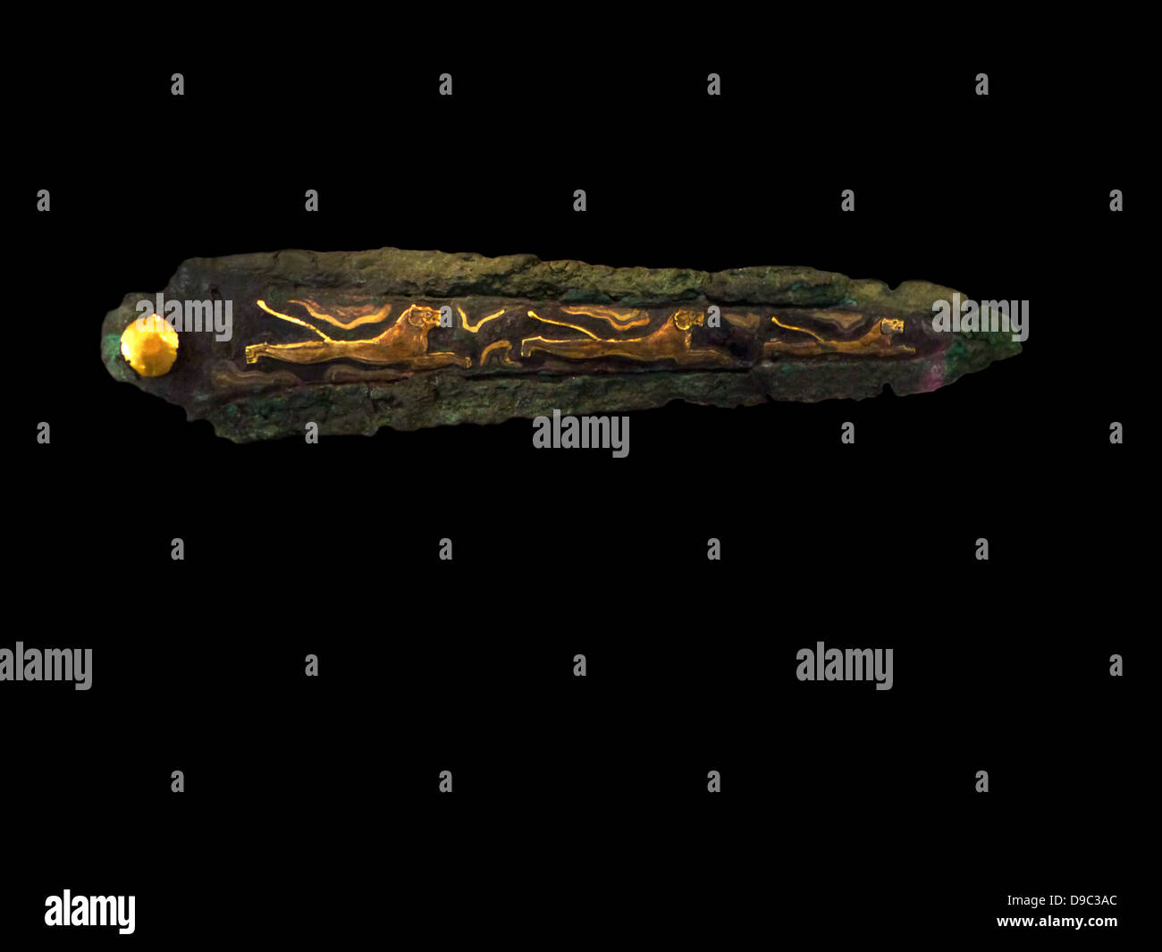 Bronze dagger with inlaid decoration which depicts lions in "flying ...