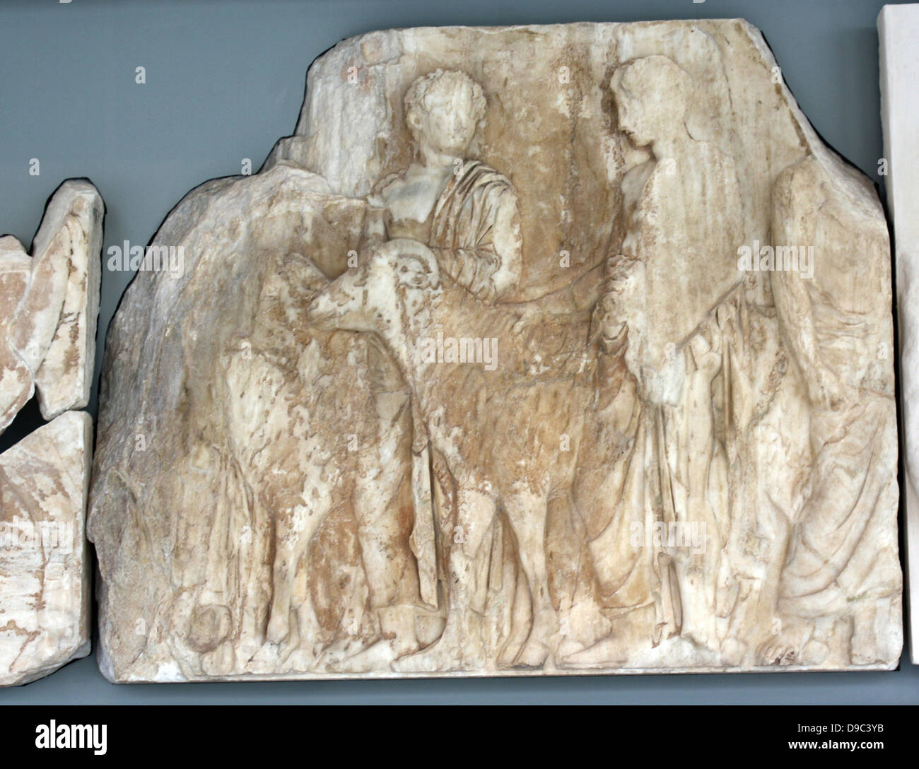 Three youths wearing himatia lead four rams. Two are conversing while ...