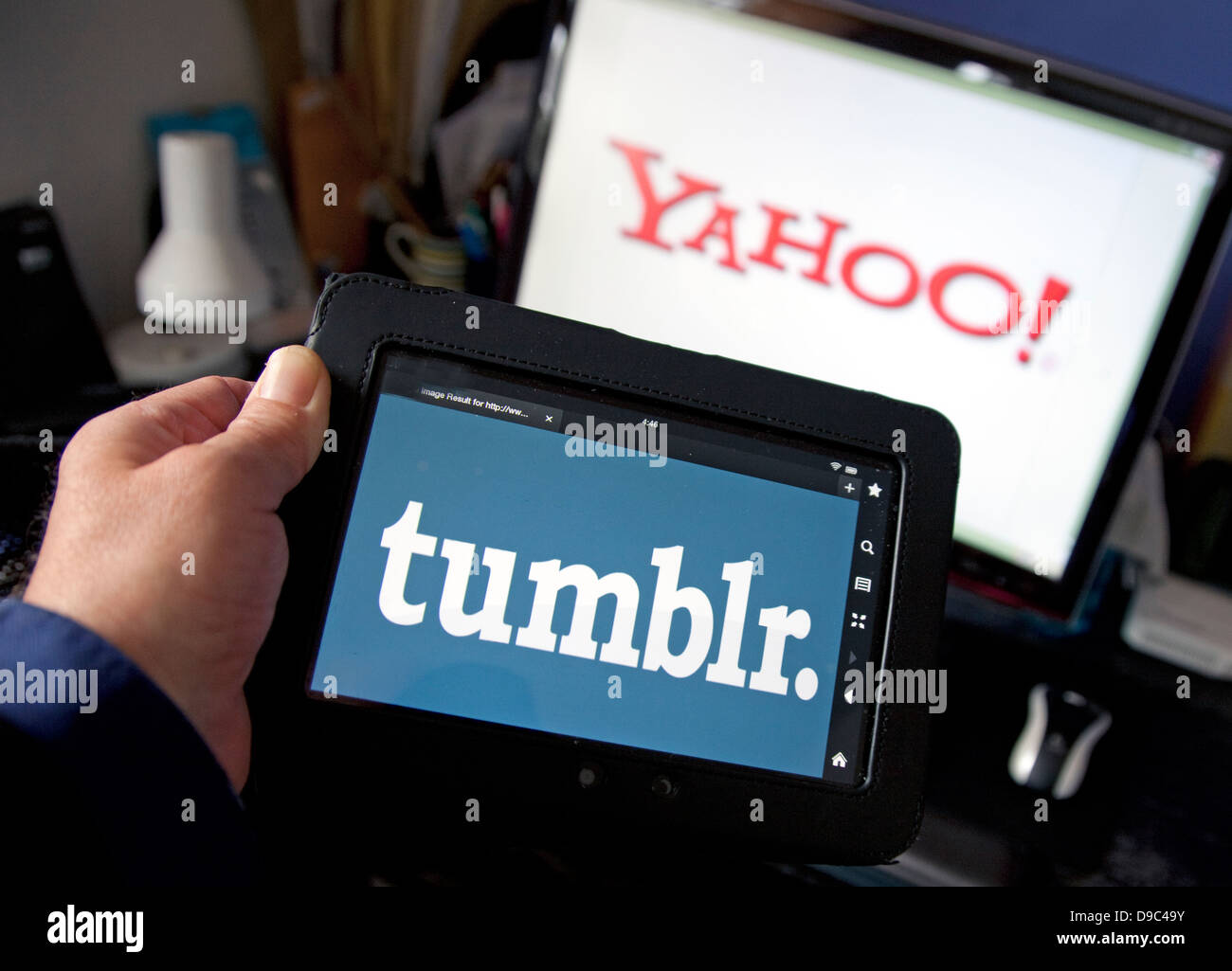 Yahoo! buys Tumblr: logos on PC and tablet, London Stock Photo - Alamy