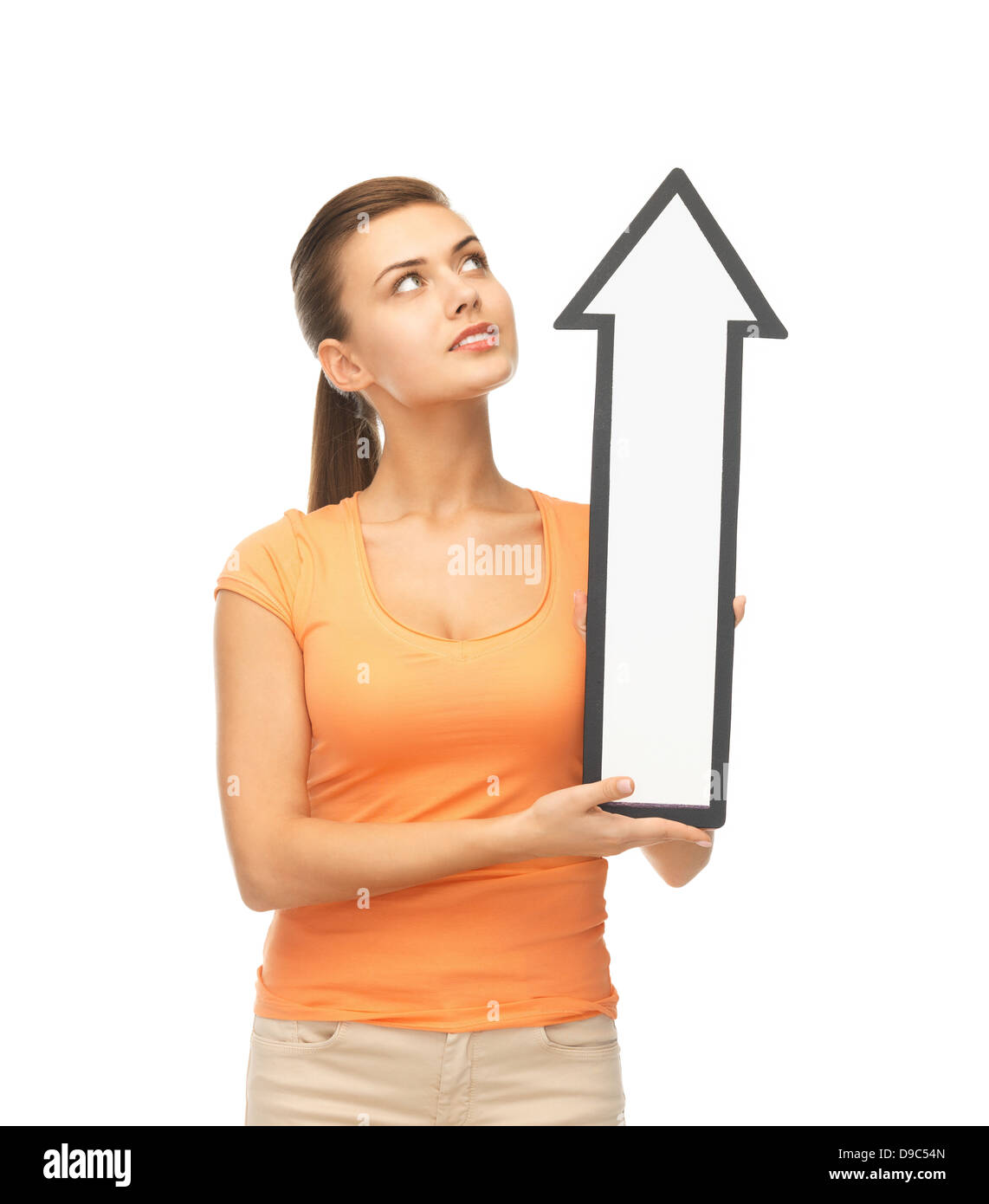 girl with direction arrow sign Stock Photo - Alamy