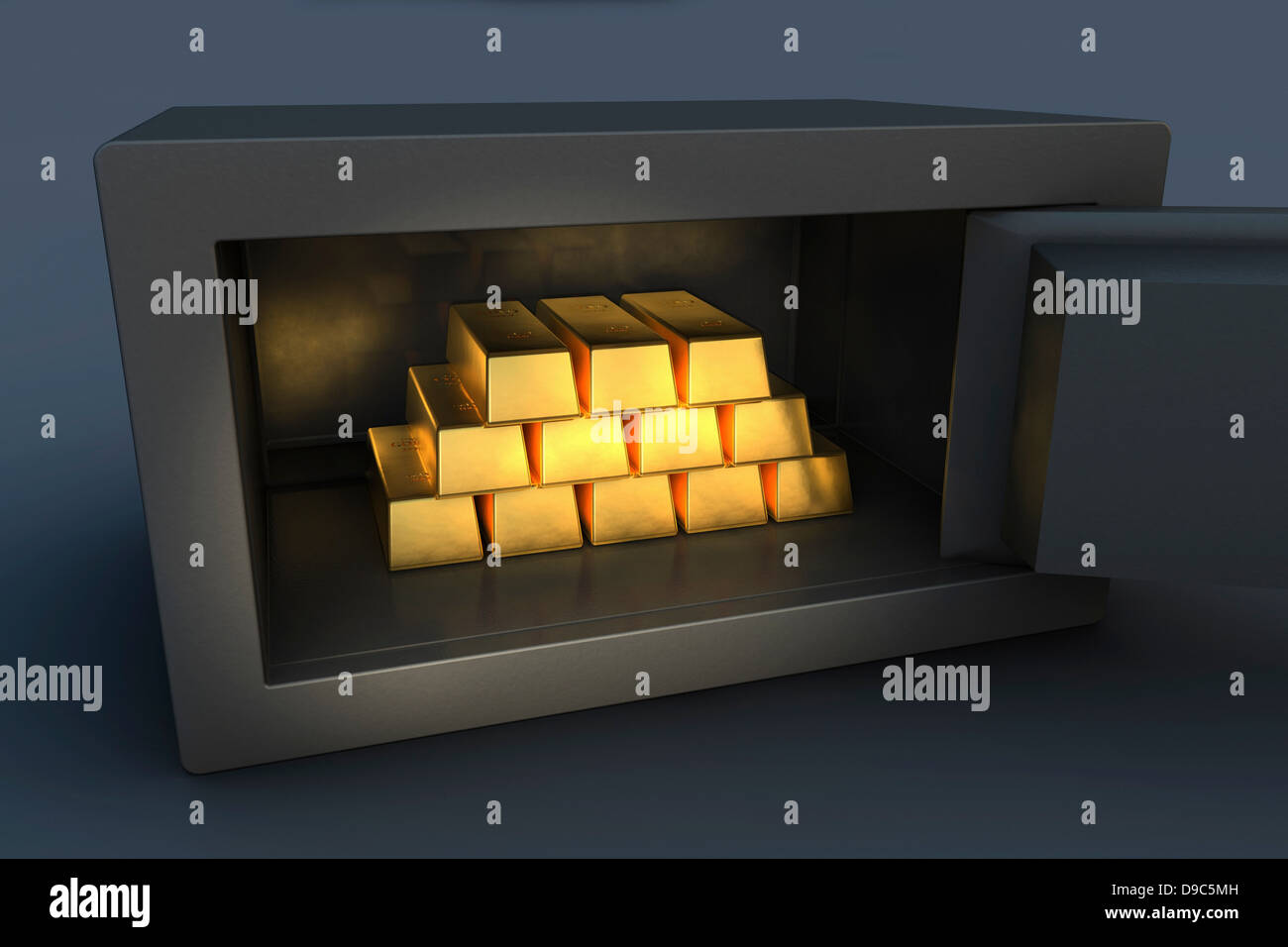 Gold ingots inside open security safe Stock Photo - Alamy
