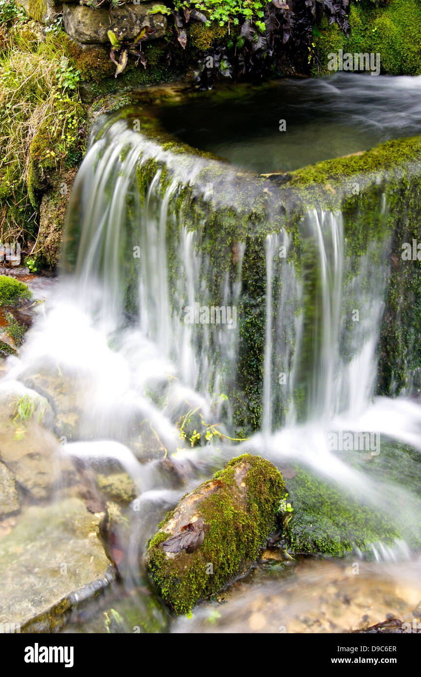 Detail of spring water overflowing from a trough at Compton Abdale near ...