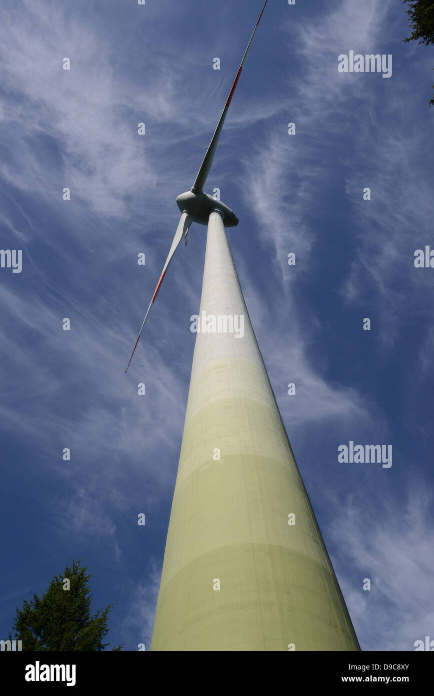 A wind turbine stands tall in the countryside near Freiburg, Germany ...