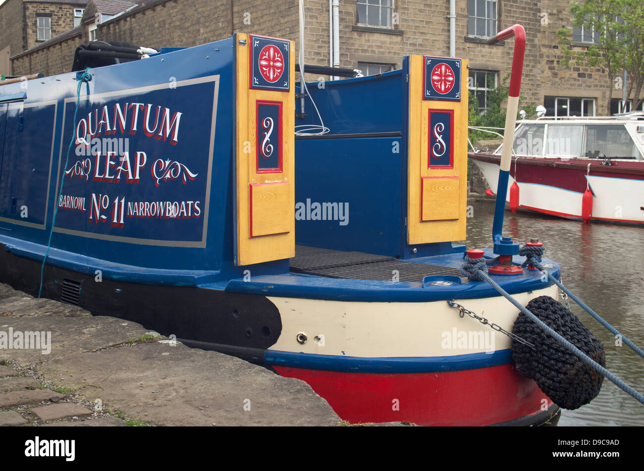 Rear view stern of canal or narrowboat boat, at Skipton. Tourists on ...