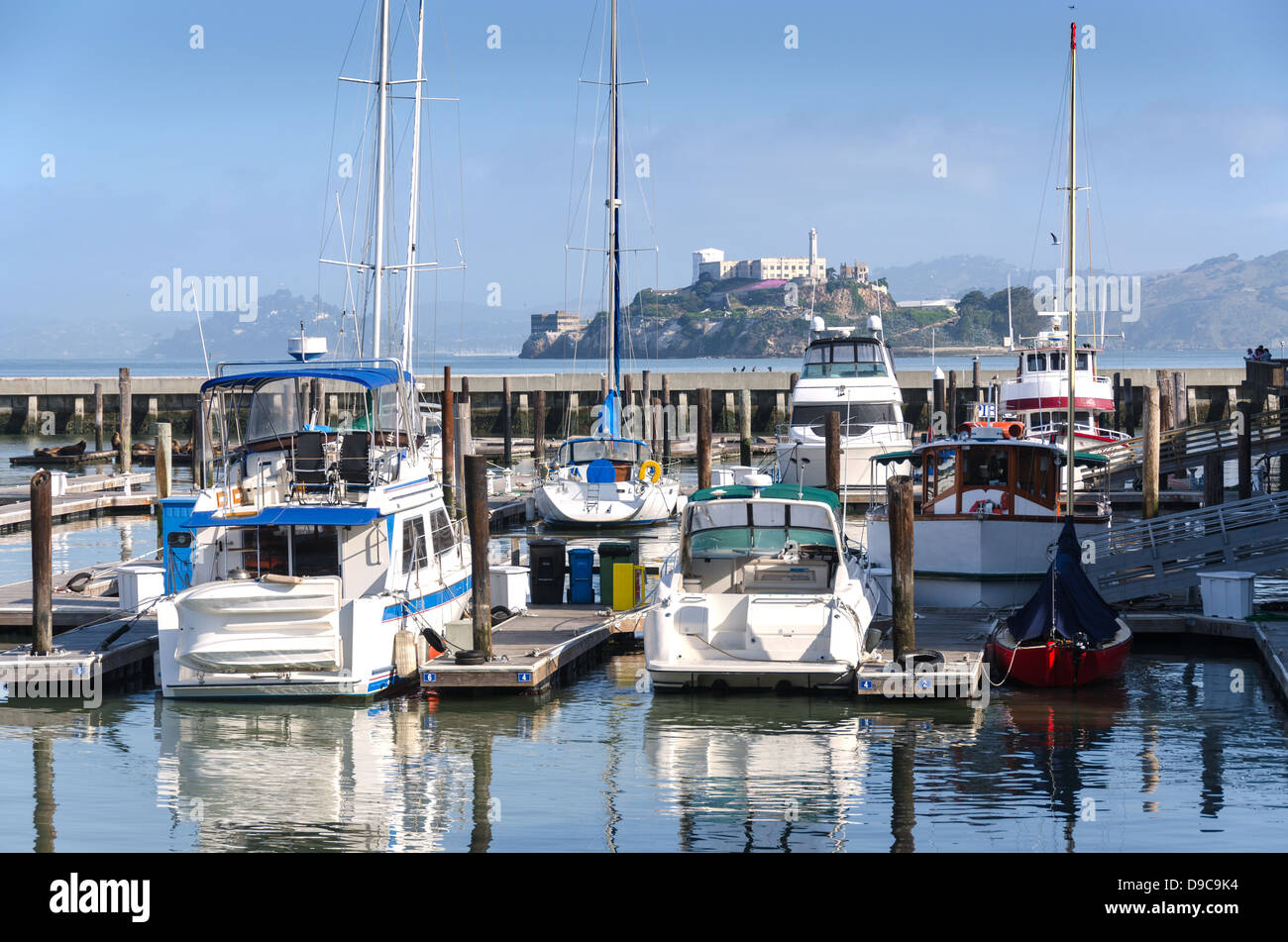 Yacht at Pier 39 in San Francisco and Alcatraz Stock Photo - Alamy