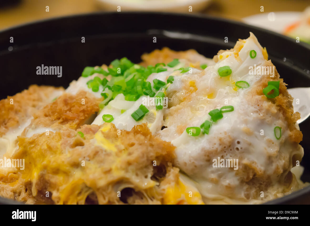 close up pork cutlet and egg on rice , japanese Katsudon Stock Photo ...