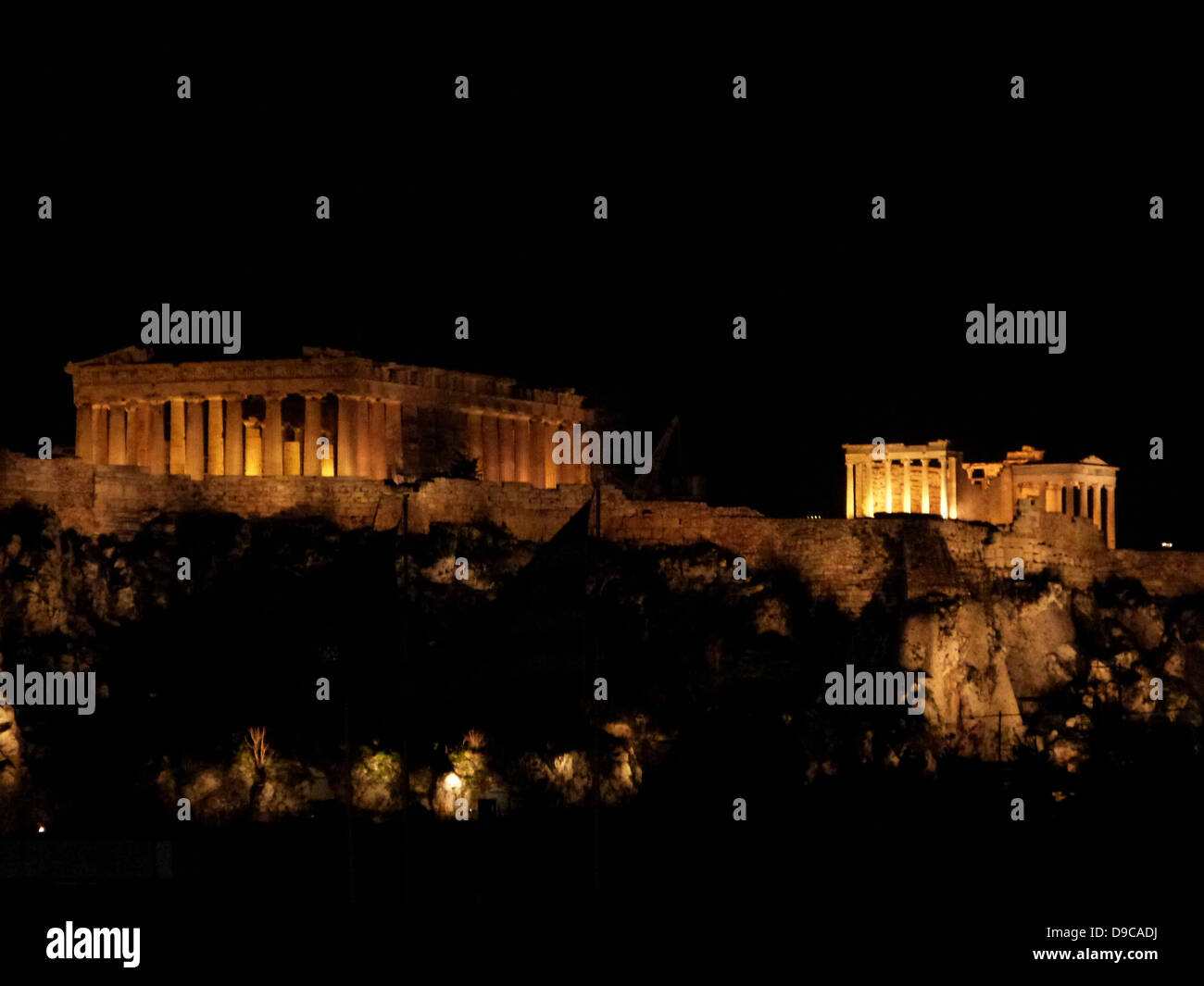 The Acropolis at night, the ancient citadel located on a high rocky ...