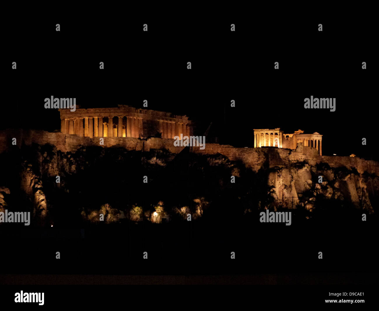The Acropolis at night, the ancient citadel located on a high rocky ...