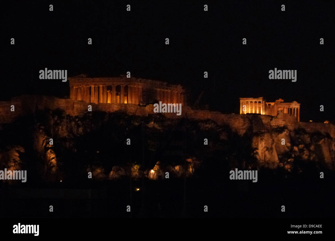 The Acropolis at night, the ancient citadel located on a high rocky ...