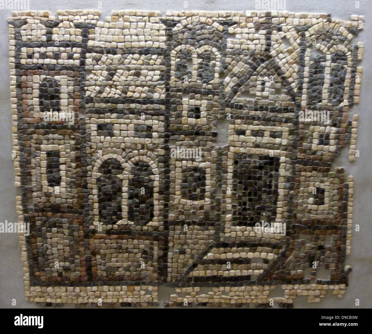 Fragment of a mosaic decoration depicting a church. Comparable ...