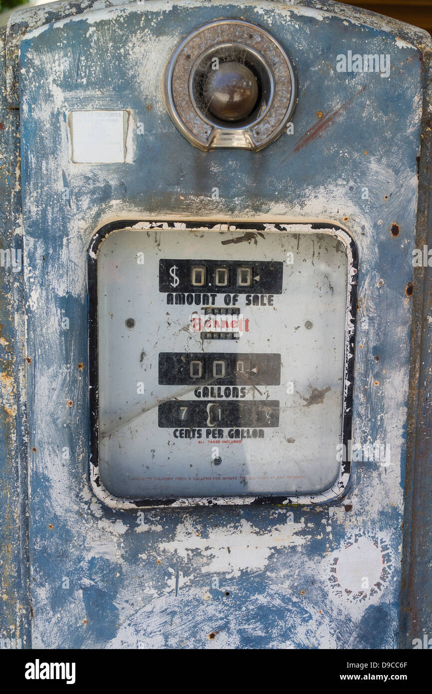 A close-up of the front of a well weathered gasoline pump in Los Alamos ...